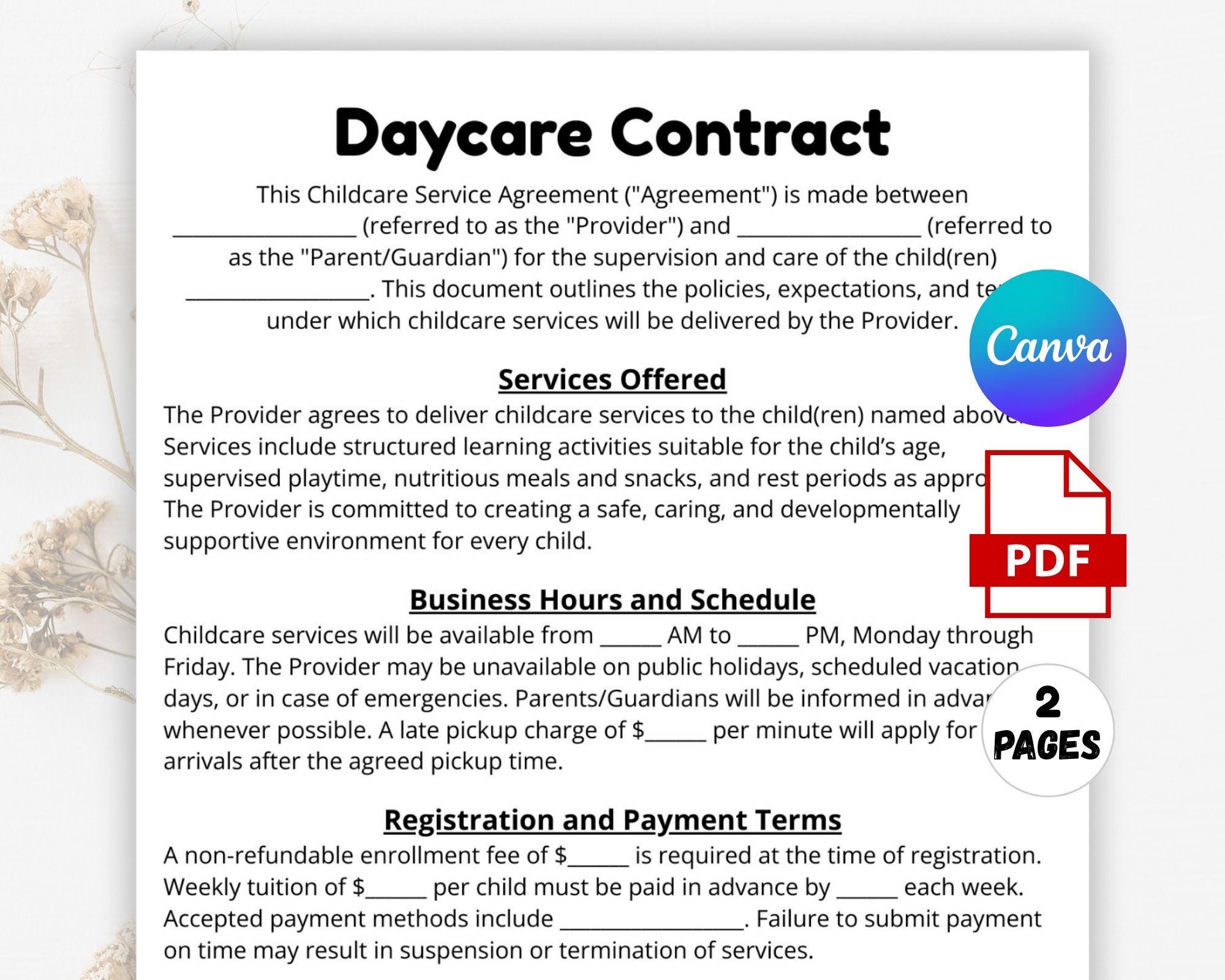 Daycare Agreement Form, Home Daycare Contract, Daycare Contract Form ...