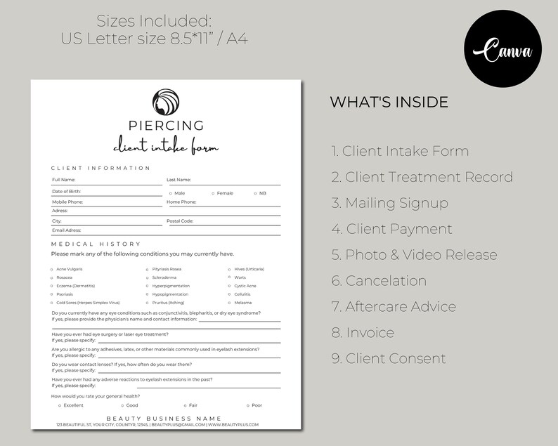 Body Piercing Consent Form, Ody Modification, DIY Editable Canva ...