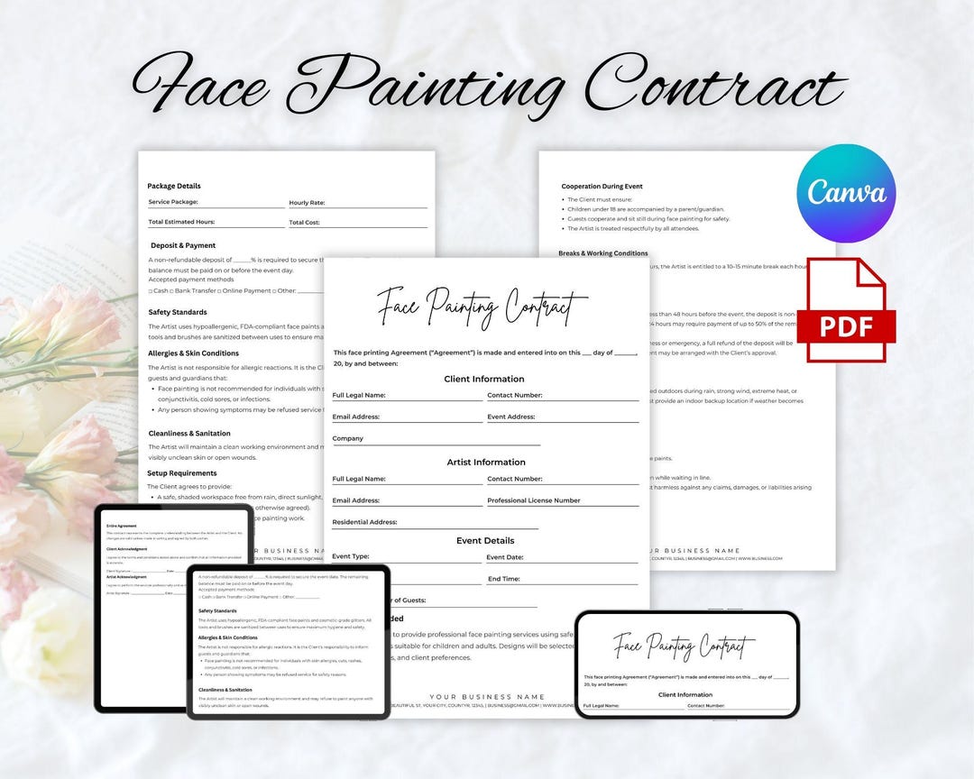 Face Painting Contract Agreement, Editable Face Painting Legal Business ...