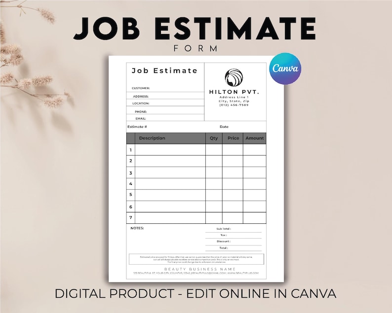 Job Estimate Template, Work Estimate Form, Editable Construction Bid ...