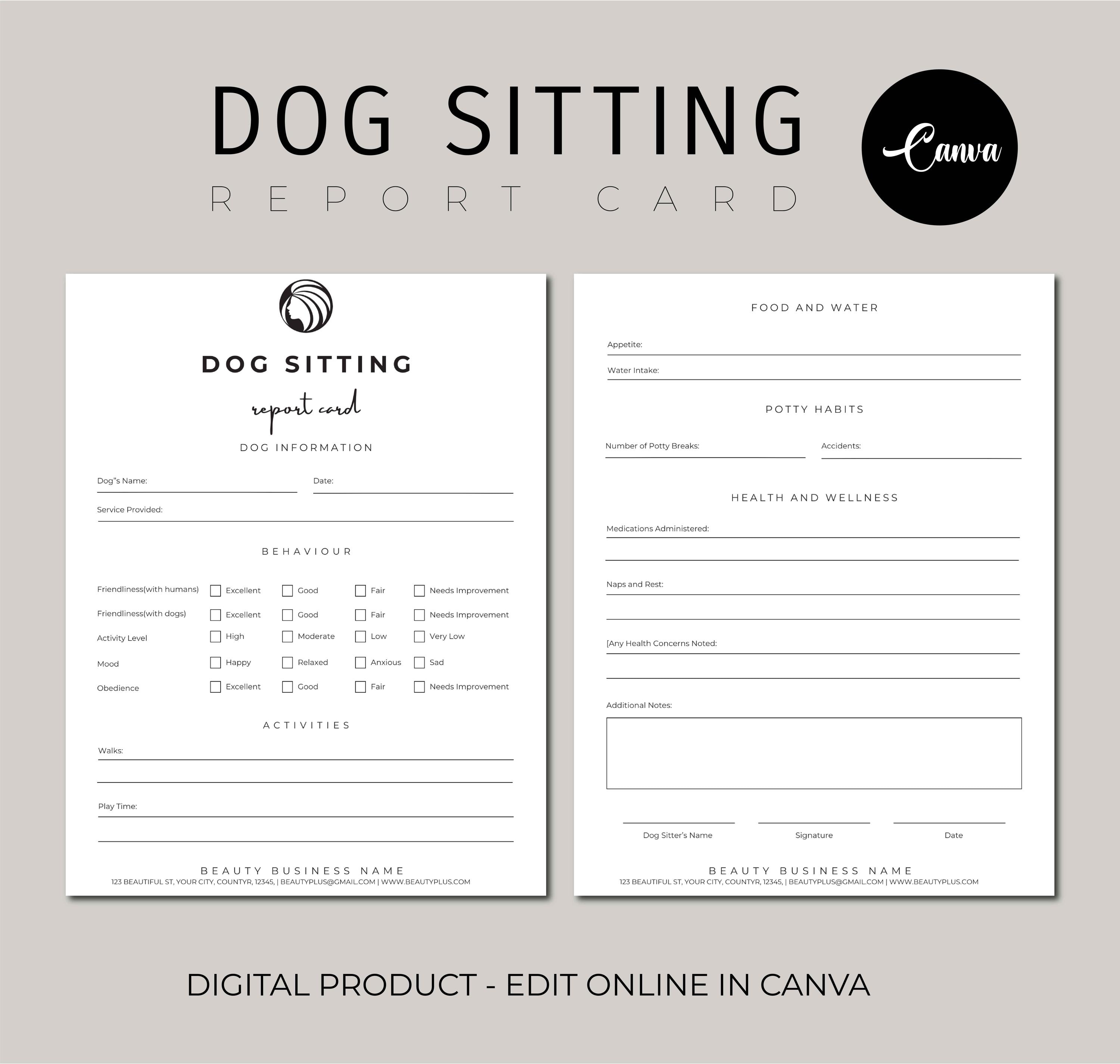 Editable Dog Report Card, Pet Report Card, Pet Sitting Report, Dog ...