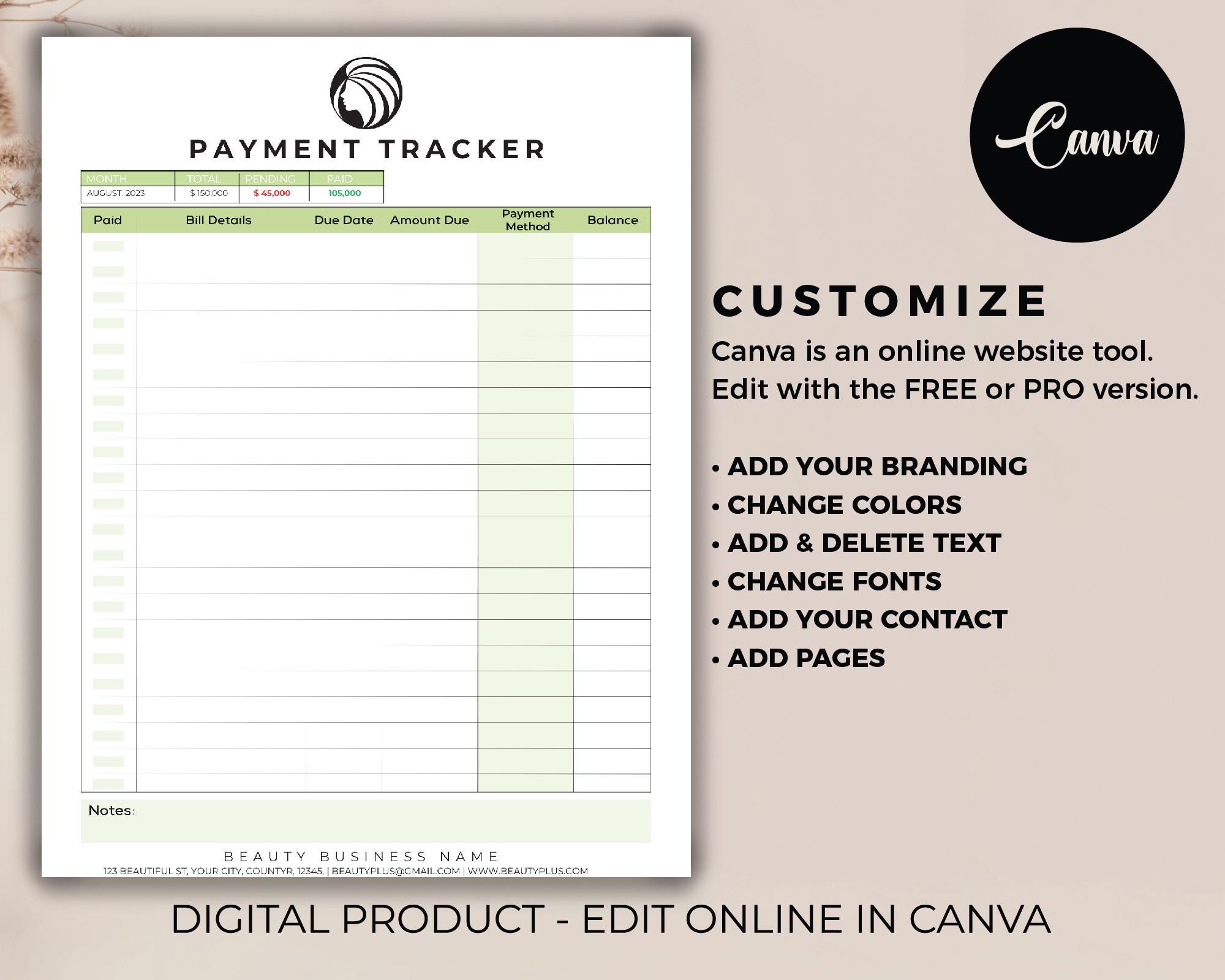 Payment Tracker Canva Template, Client Fee Payment Tracker, Printable ...