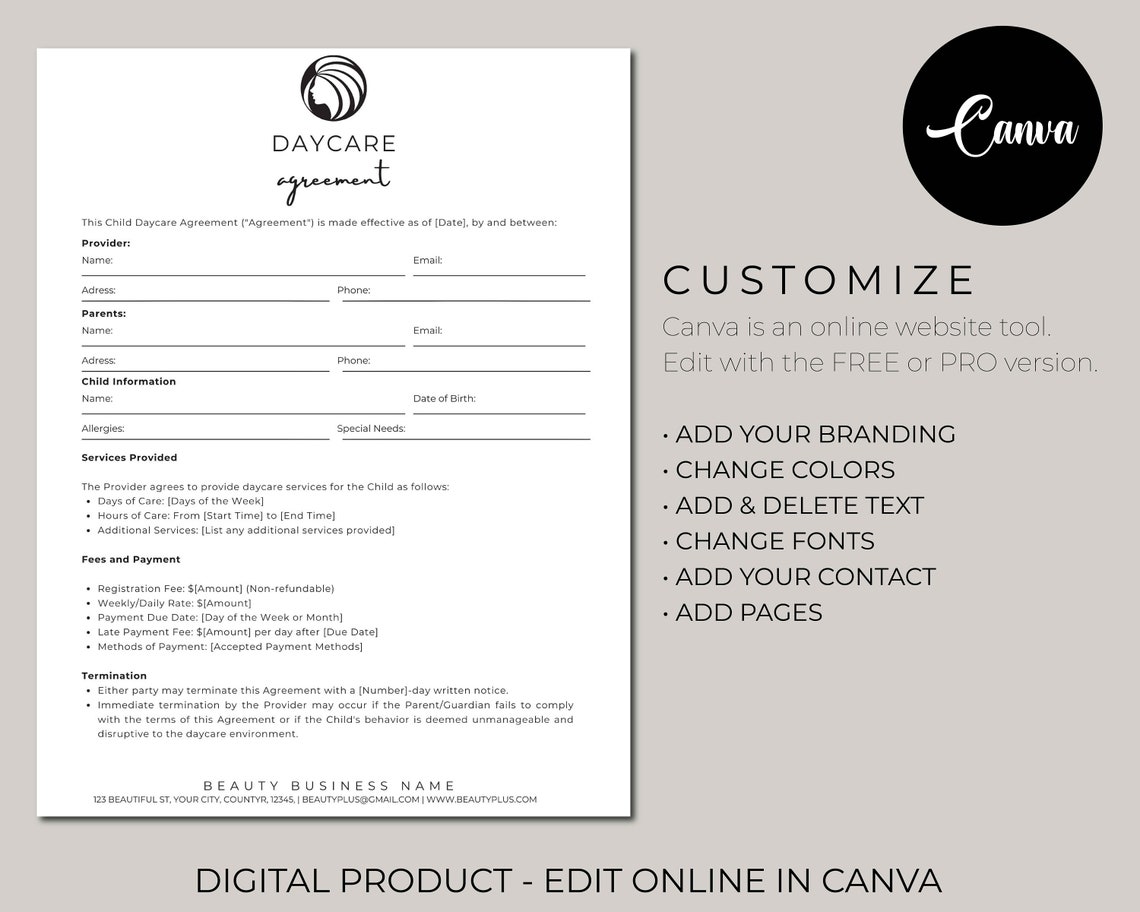 Editable Home Daycare Contract Template, Dayome Daycare Forms Package ...