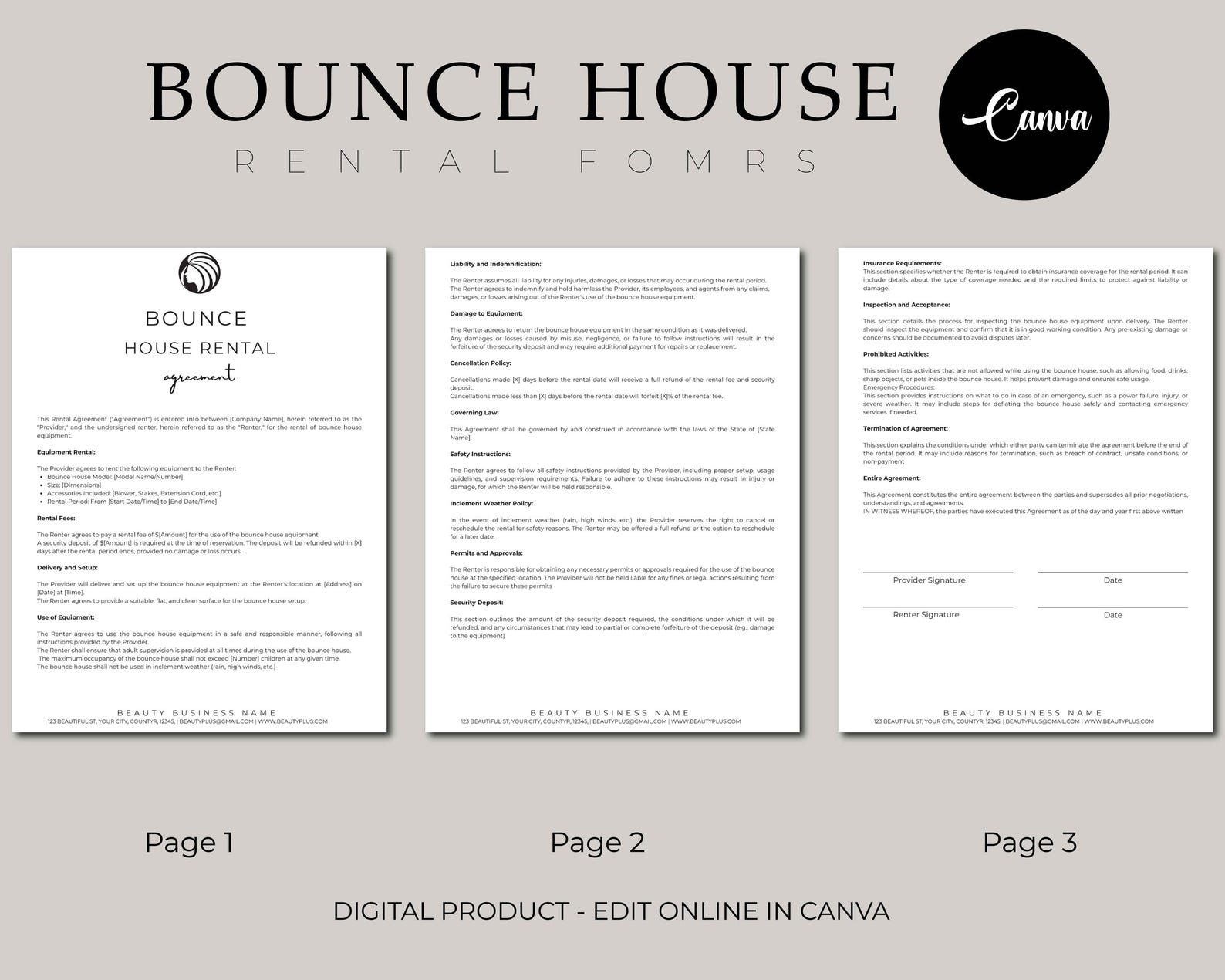 Bounce House Rental Contract Agreement Template, Invoice, Receipts ...