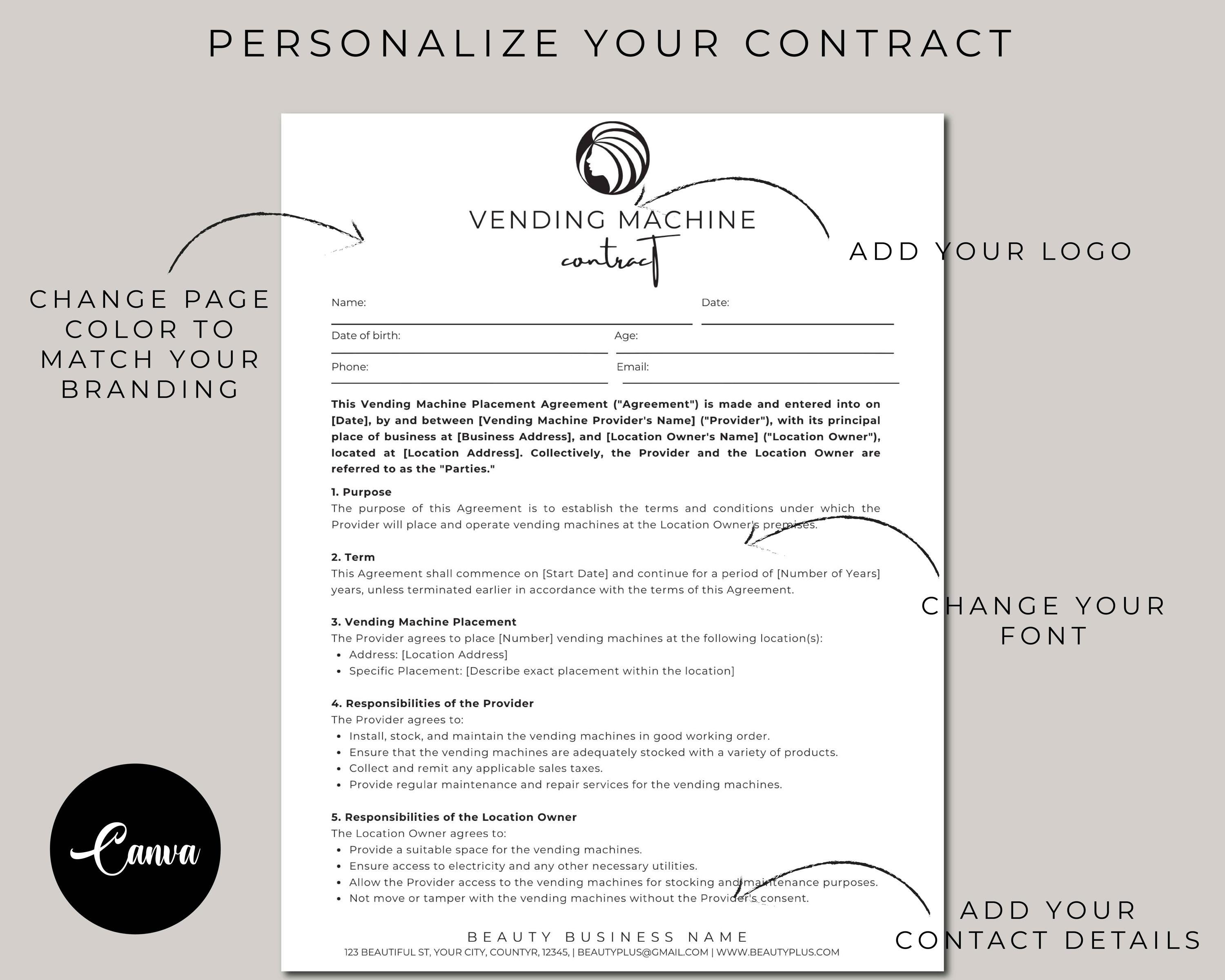 Professional Vending Machine Contract Template, Editable in Canva ...