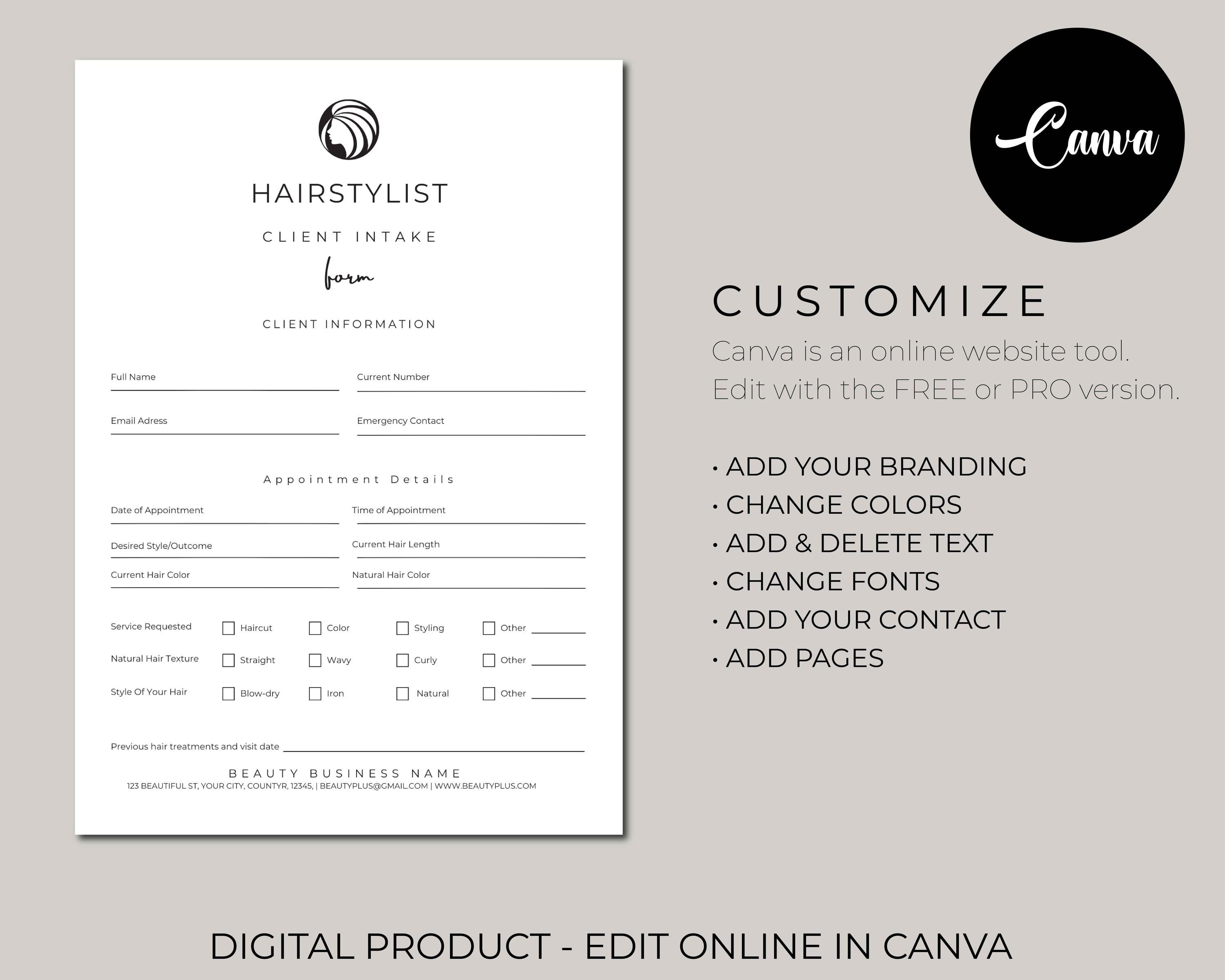 Professional Hairstylist Forms Bundle, Hairstylist Client Intake Form ...