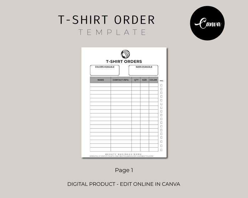 Editable T-shirt Order Form Template, Craft Order Form, Printable Small ...