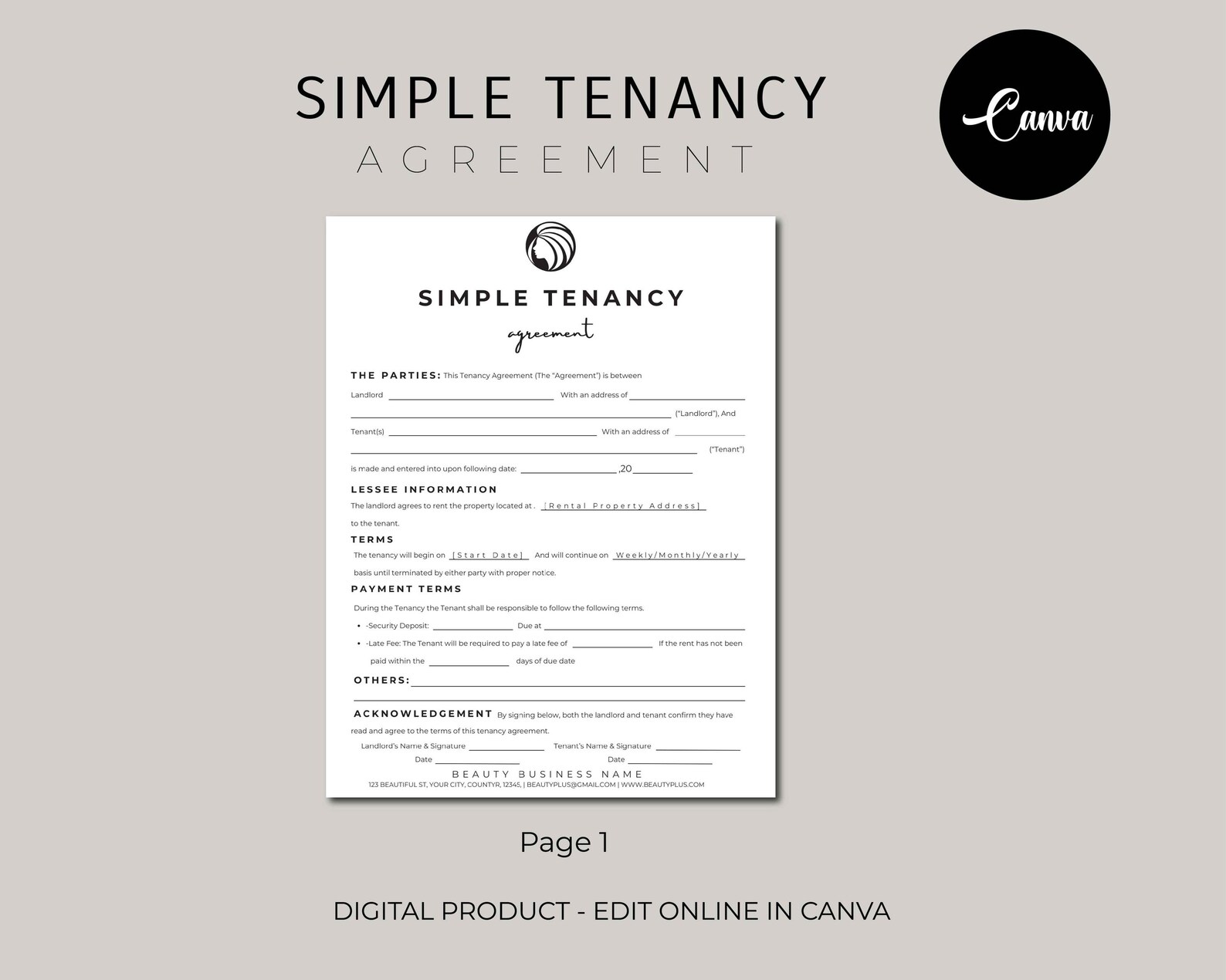 Simple Tenancy Agreement Template, Tenancy Agreement Template, Editable ...