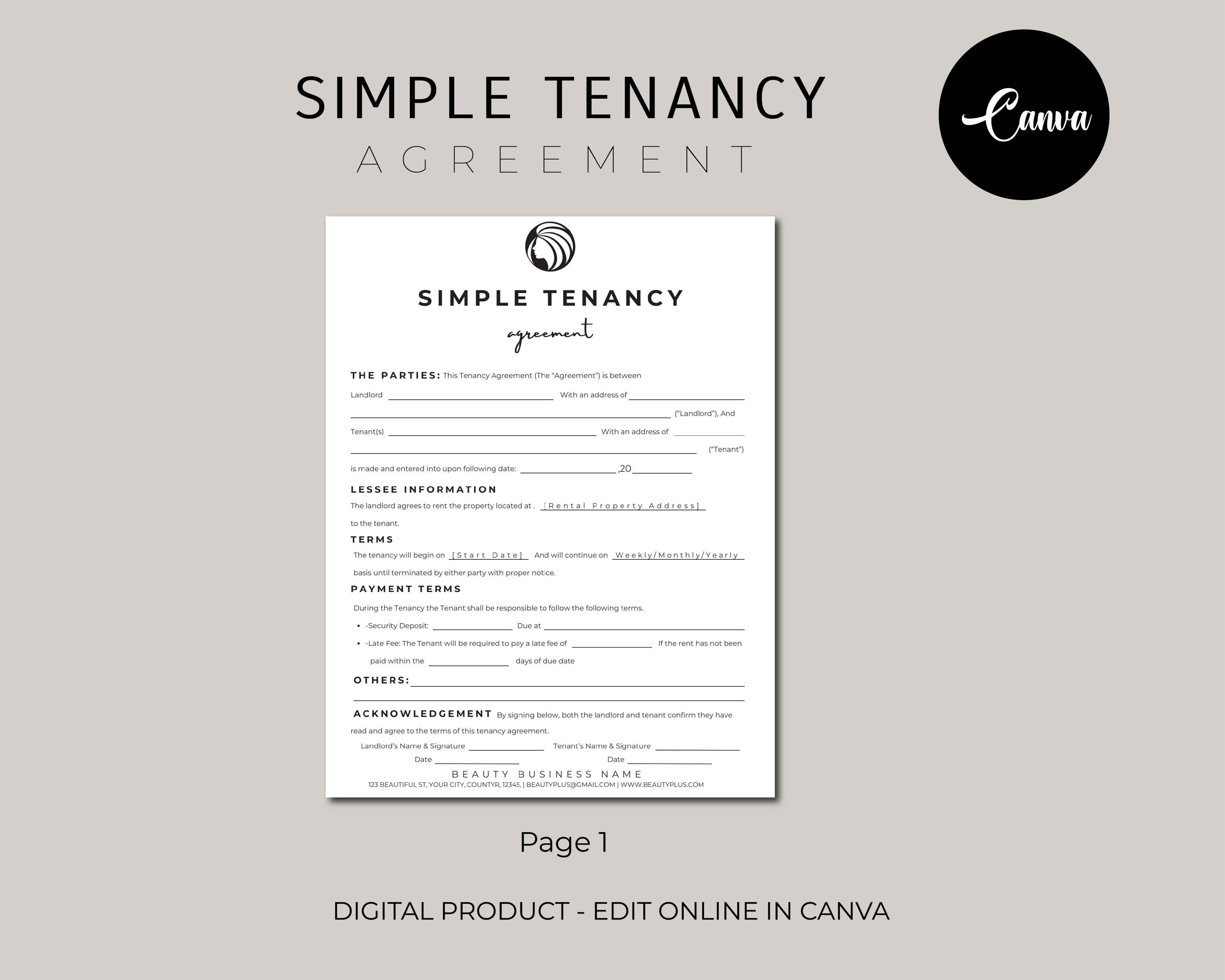 Simple Tenancy Agreement Template, Tenancy Agreement Template, Editable ...