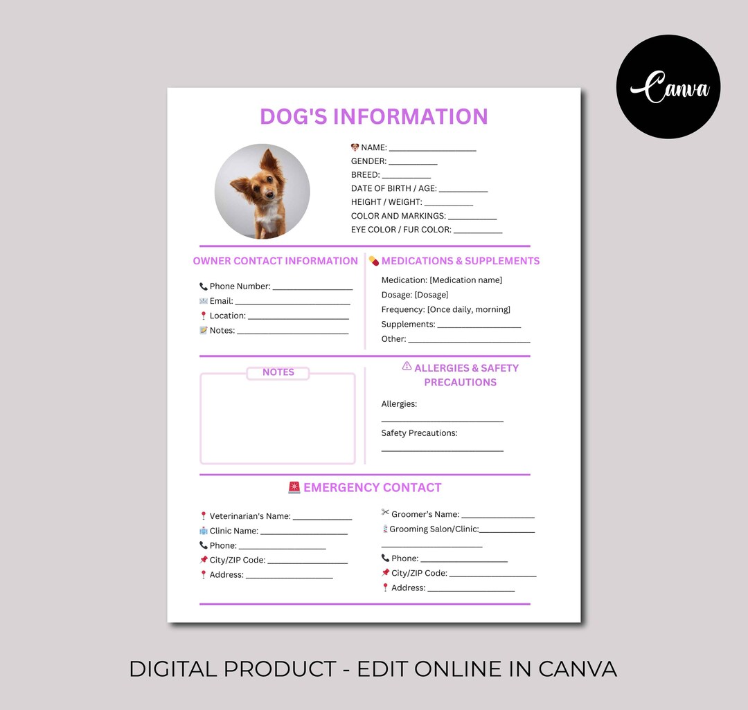 Dog Info Sheet Emergency Dog Info, Digital Emergency Record for Pet ...