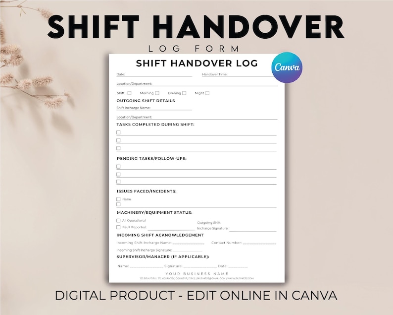 Editable Shift Handover Log, Restaurant Shift Change Manager Log ...