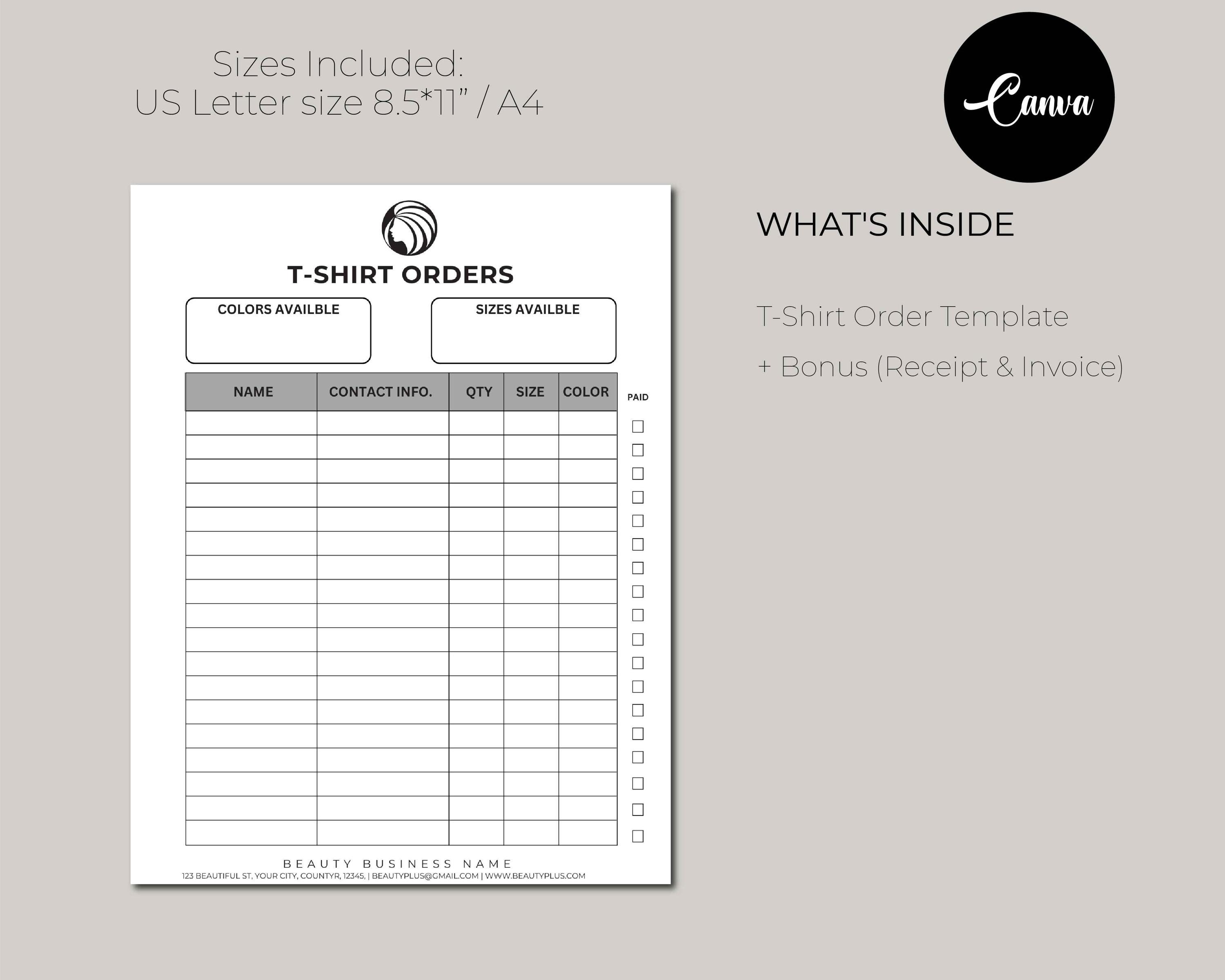 Editable T-shirt Order Form Template, Craft Order Form, Printable Small ...