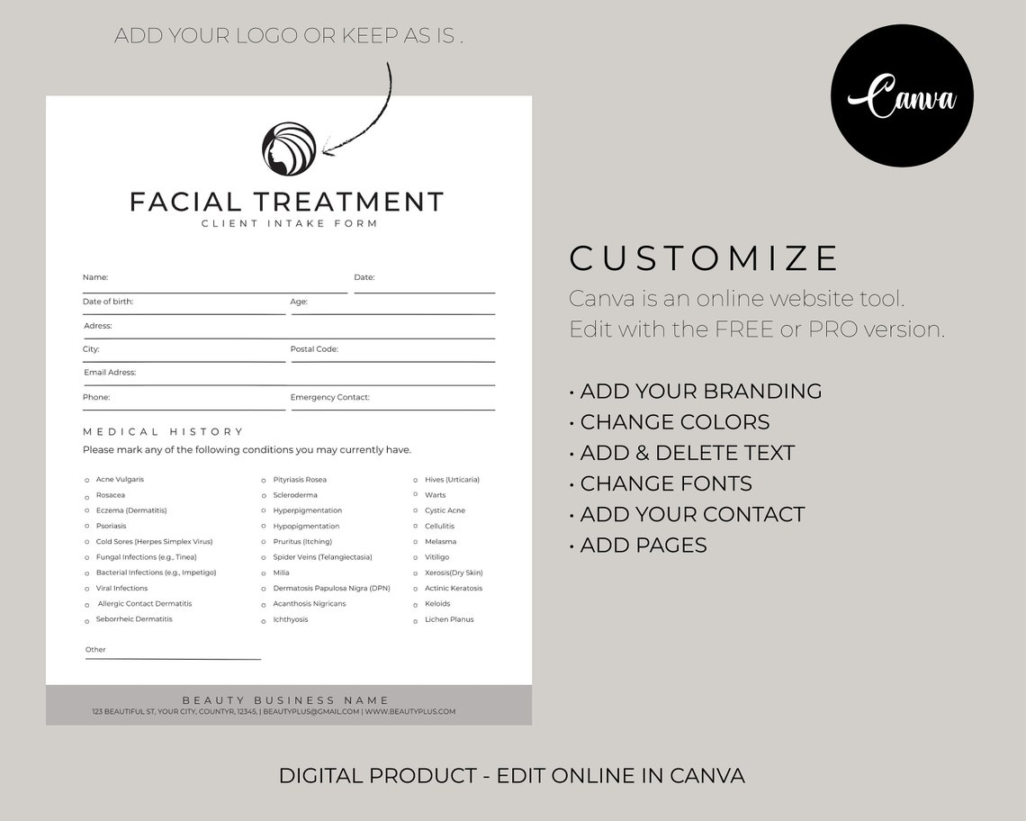 Facial Treatment Forms, Editable Esthetician Templates, Printable ...