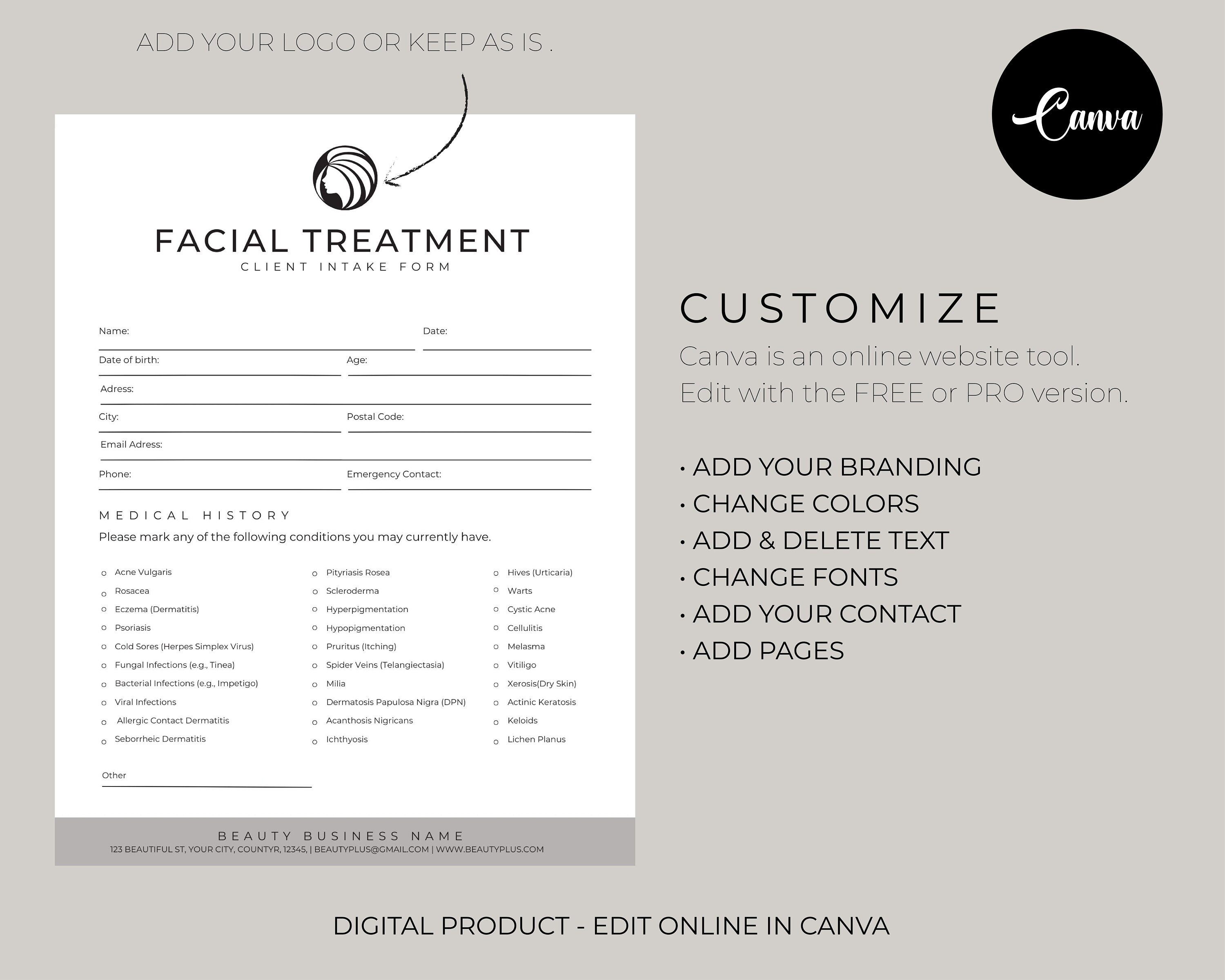 Facial Treatment Forms, Editable Esthetician Templates, Printable ...