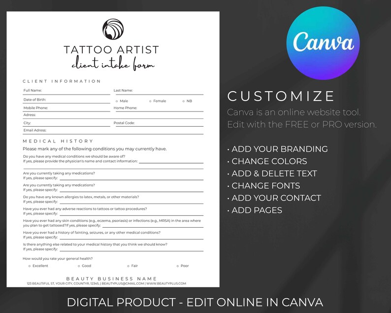 Editable Tattoo Artist Forms Bundle, Tattoo Consent Form, Tattoo ...