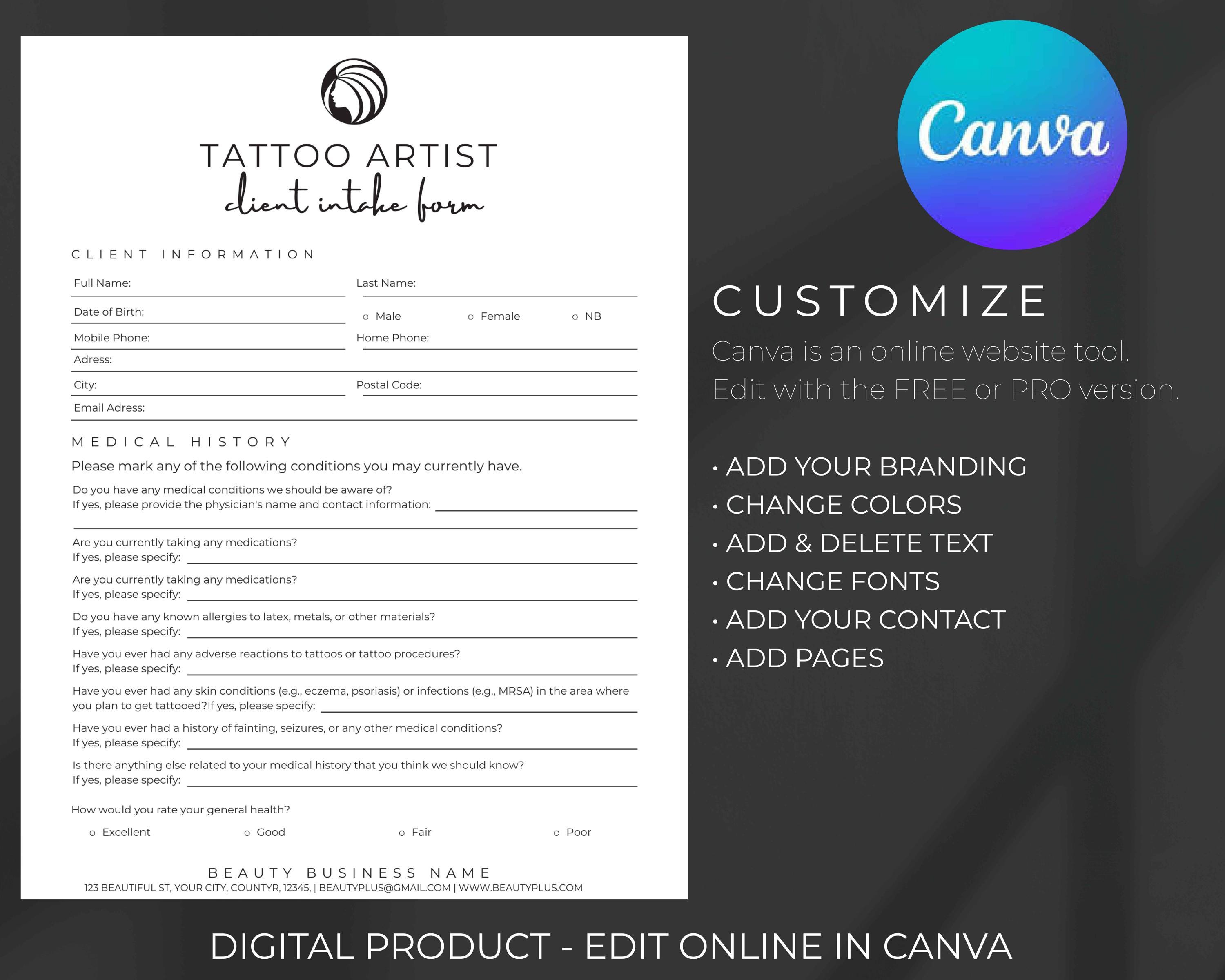 Editable Tattoo Artist Forms Bundle, Tattoo Consent Form, Tattoo ...