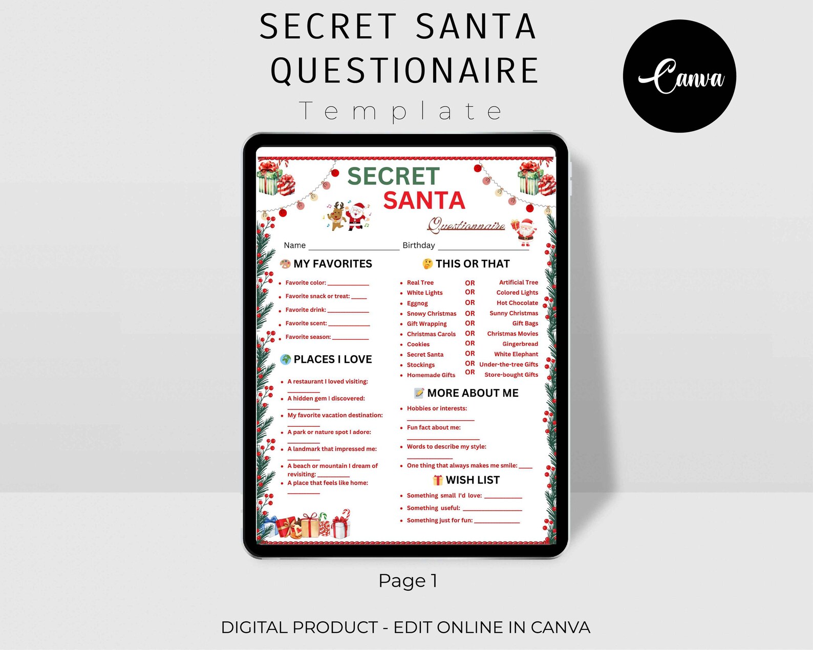 Editable Secret Santa Questionnaire, Gift Exchange Form, Christmas ...