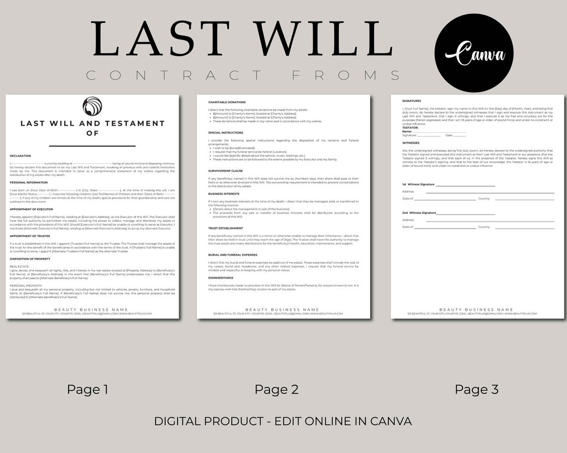 Last Will and Testament, Printable Last Will and Testament Form, Legal ...