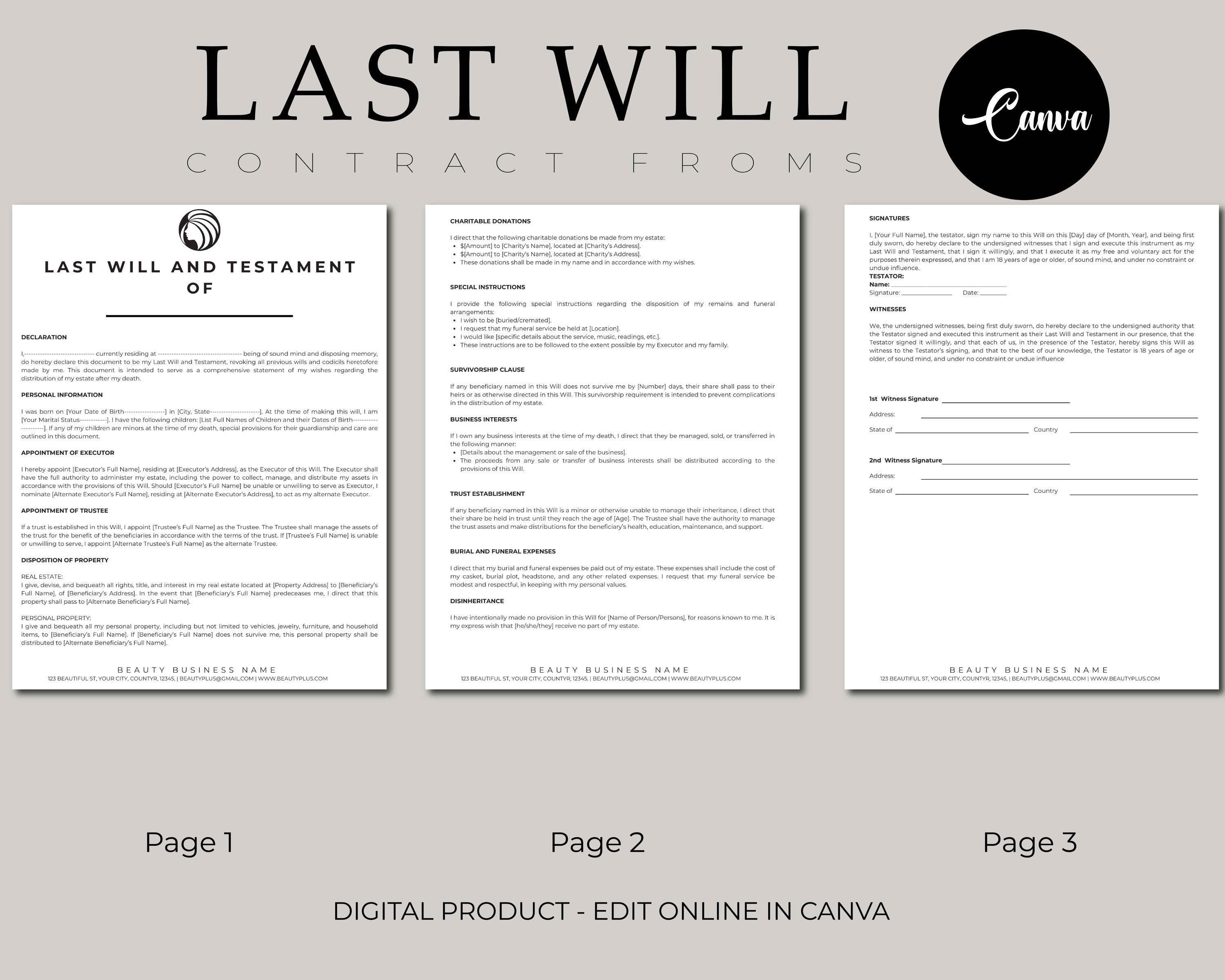 Last Will and Testament, Printable Last Will and Testament Form, Legal ...