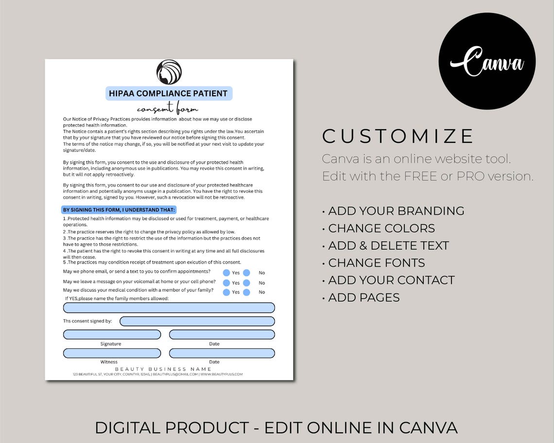 Editable HIPAA Consent Form Template, Medical Consent, New Patient Form ...