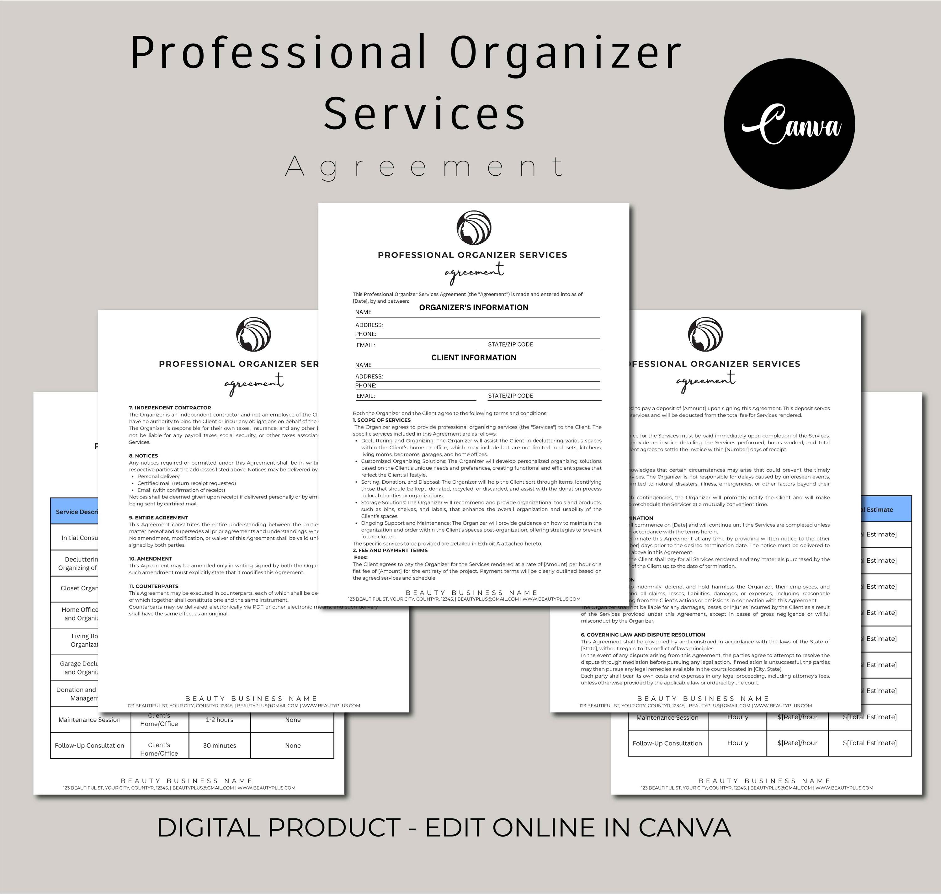 Editable Professional Organizer Contract Template, Organizing Service ...