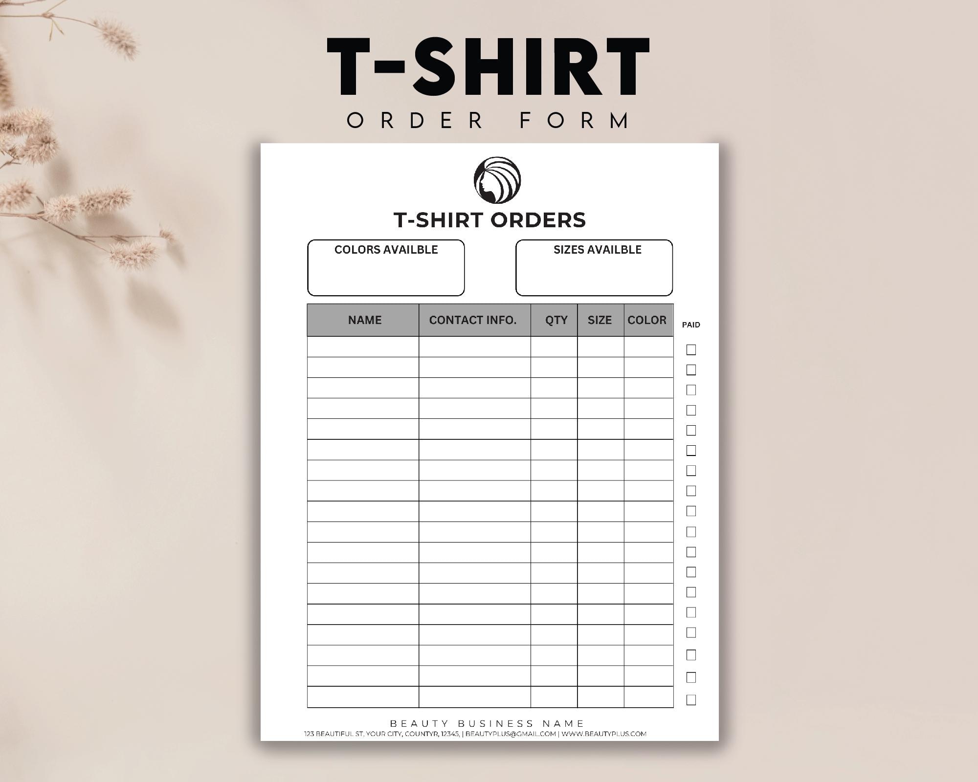 Editable T-shirt Order Form Template, Shirt Business Forms, Craft Order ...