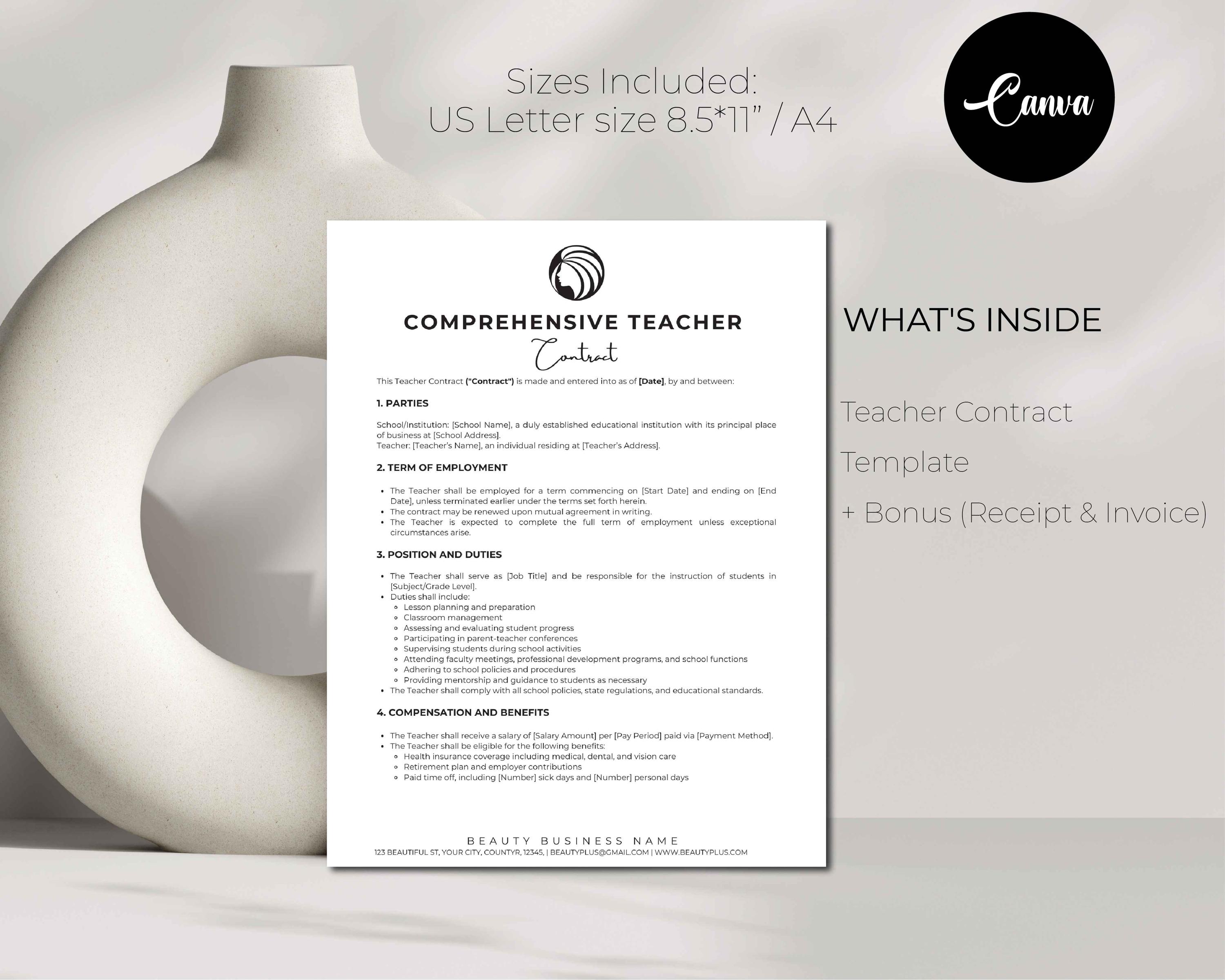 Comprehensive Teacher Contract, Instructor Agreement Template, Teacher ...