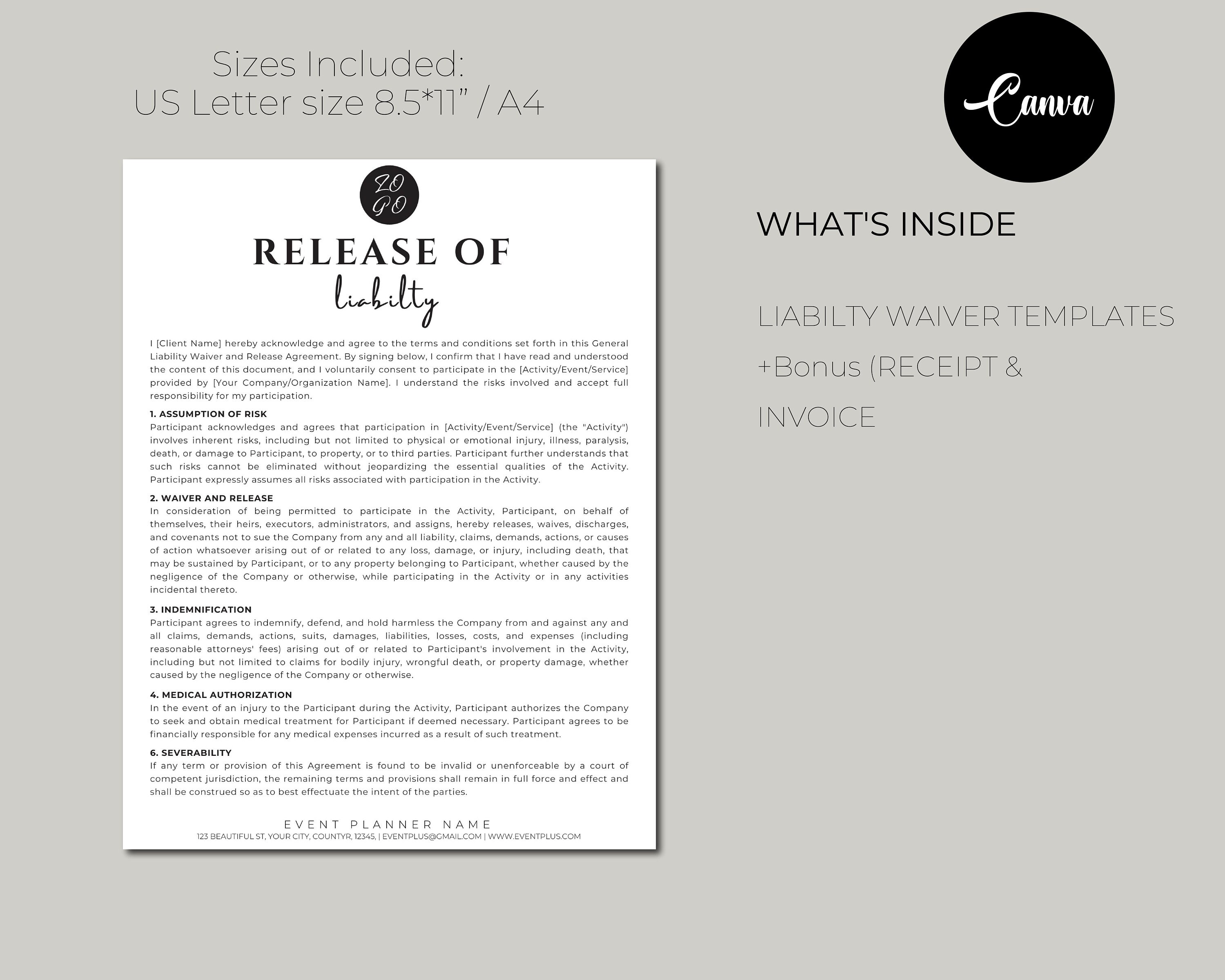 General Liability Waiver Template, Liability Form Agreement, Liability ...