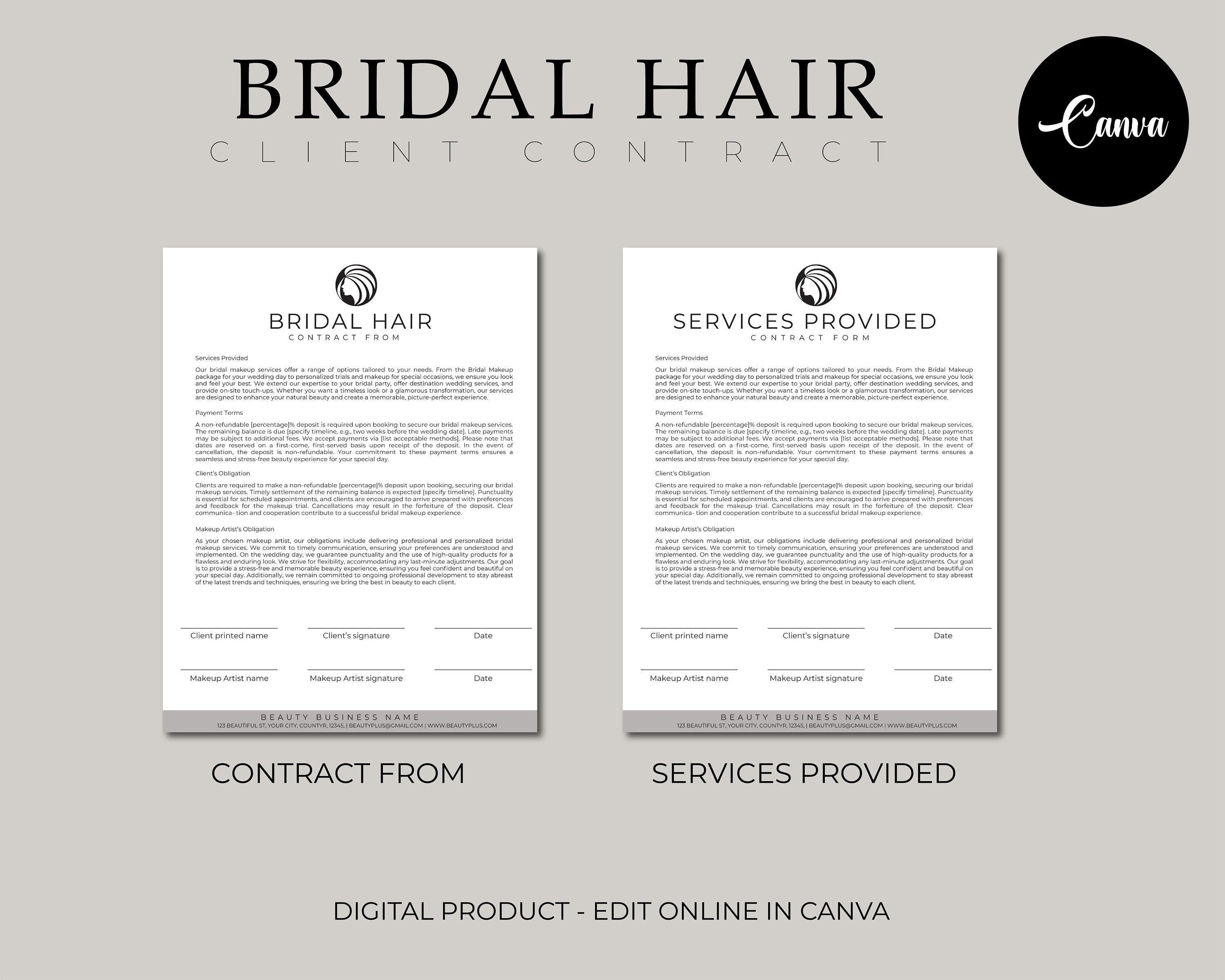 Bridal Makeup Artist Contract, Wedding Hair and Makeup Forms, Bridal ...