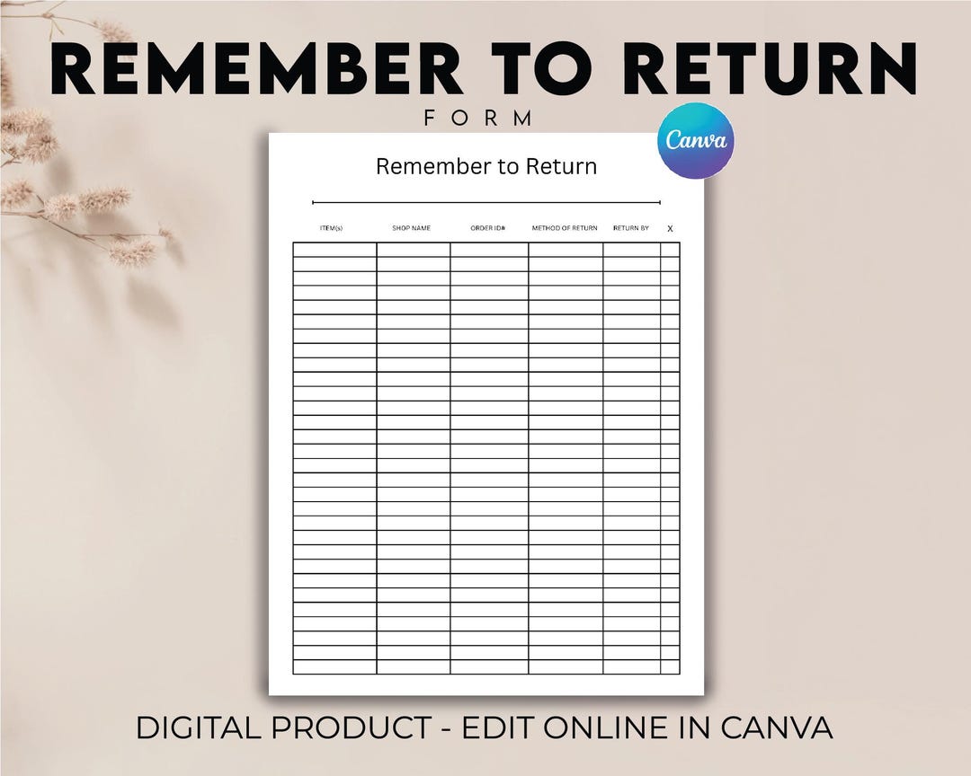 Remember to Return Household Checklist, Online Purchase Tracker, Return ...