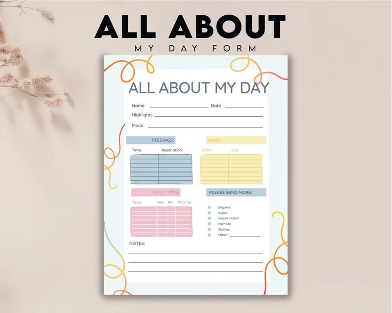 All About My Day Sheet, Daycare Daily Report ,nanny Log, Home Day Care ...