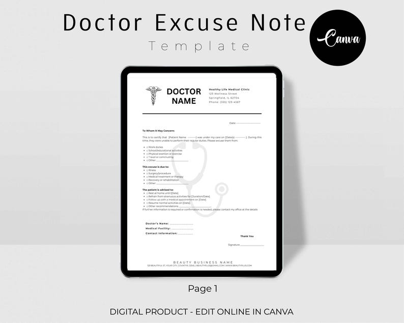 Editable Doctor Excuse Note for Work, Doctor Excuse Letter Form, School ...