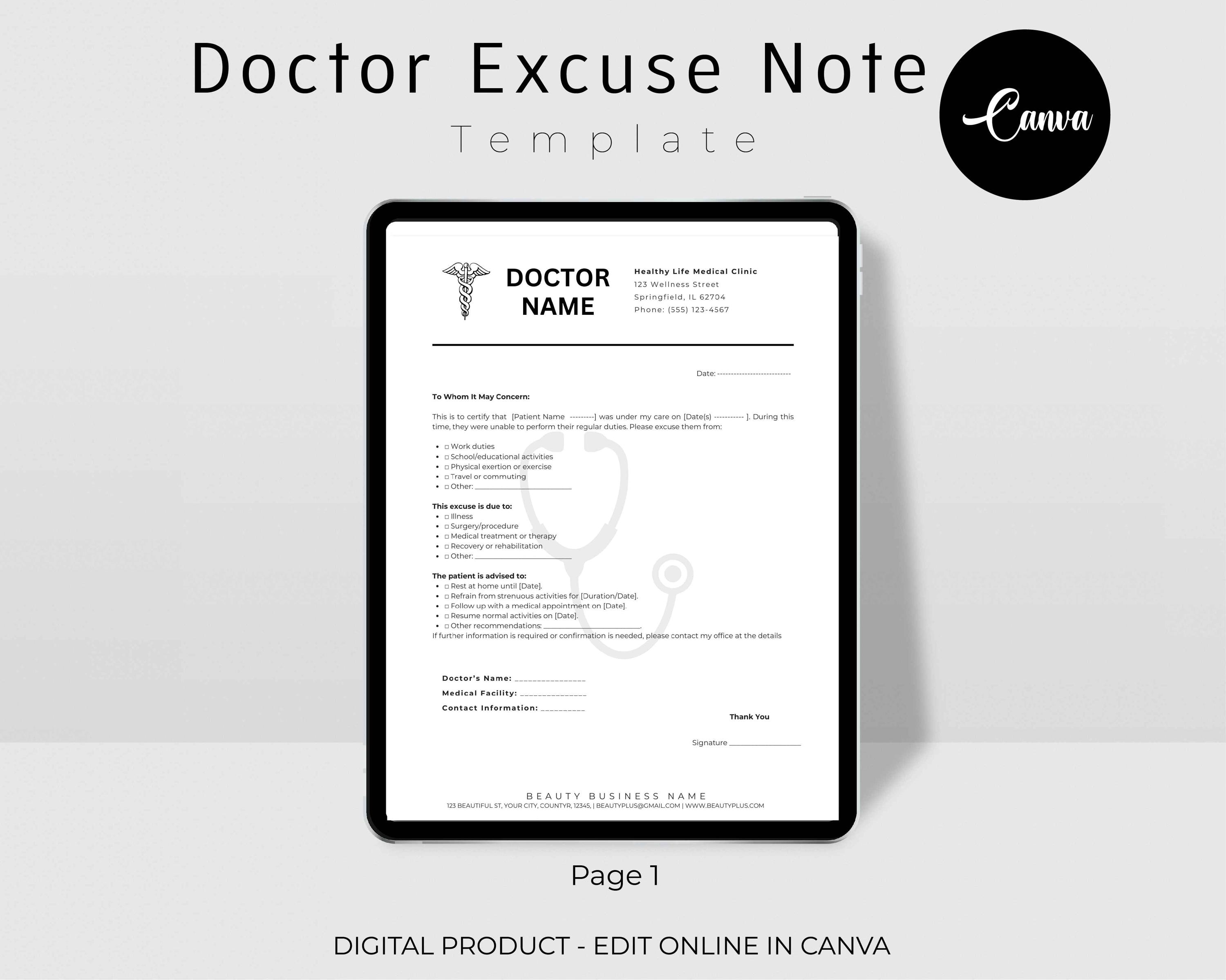 Editable Doctor Excuse Note for Work, Doctor Excuse Letter Form, School ...