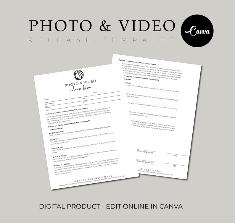 Editable Photo and Video Release Form, Photo Release Agreement, General ...