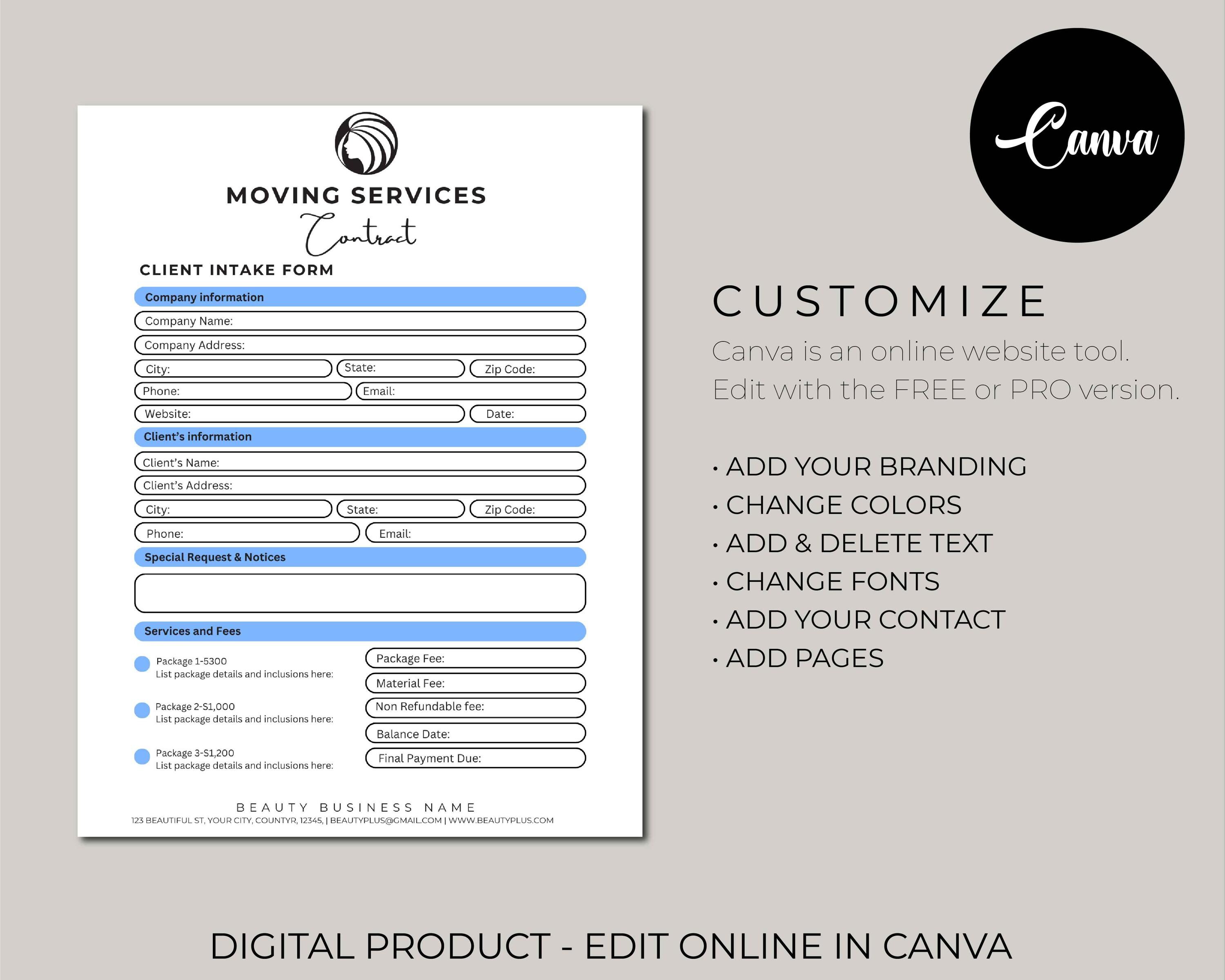 Editable Moving Contracts Template, Moving Services Contract, Canva ...