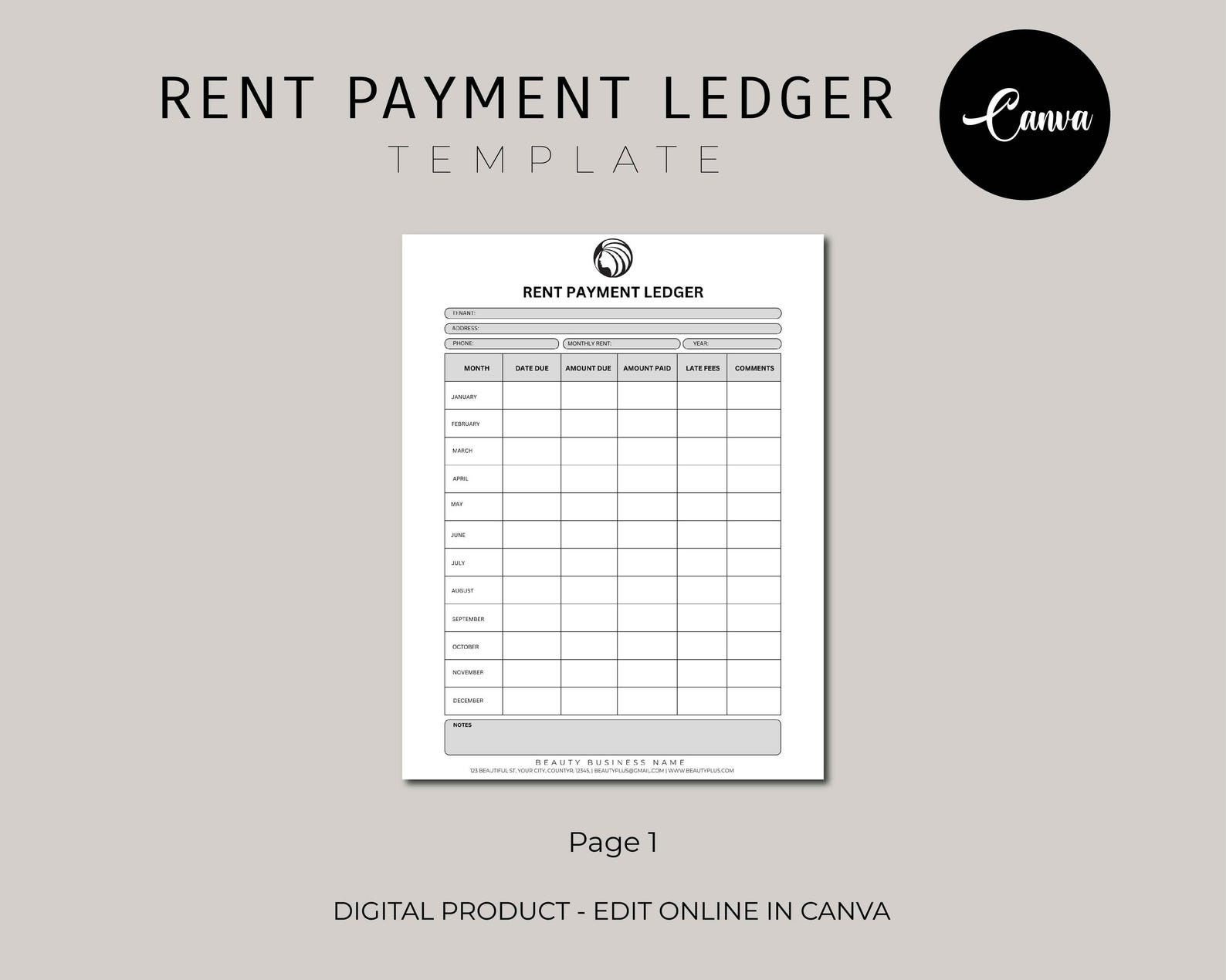 Editable Rent Payment Ledger Template, Canva Rent Payment Tracker ...