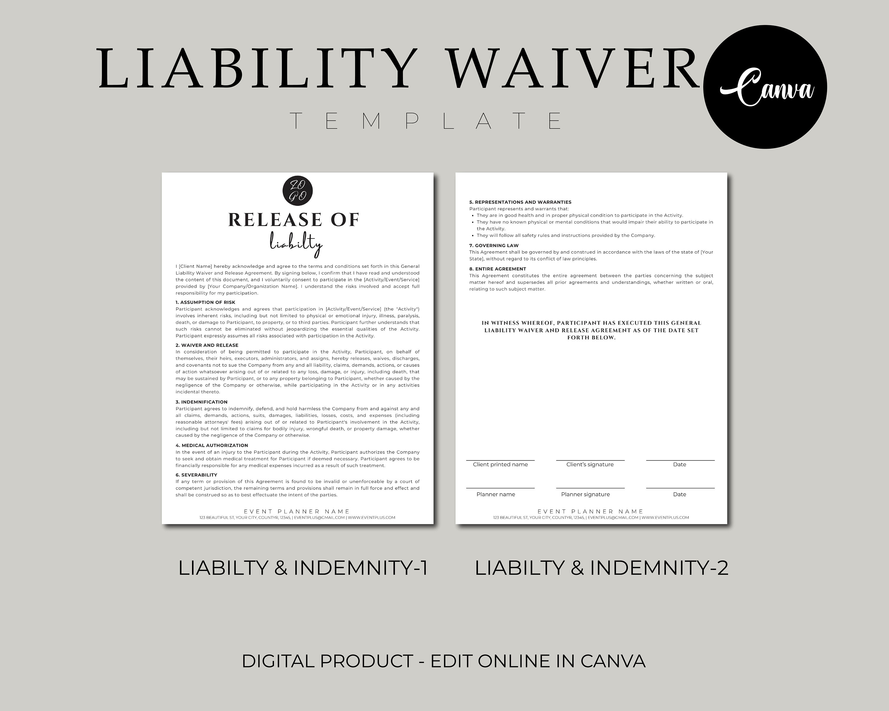 General Liability Waiver Template, Liability Form Agreement, Liability ...