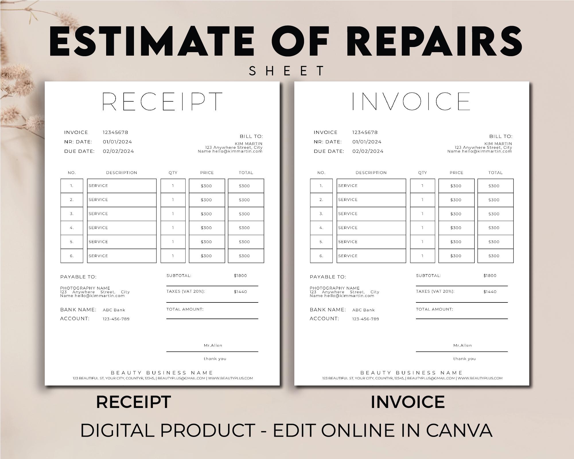 Auto Body Repair Invoice Template, Estimate and İnvoice Form ...