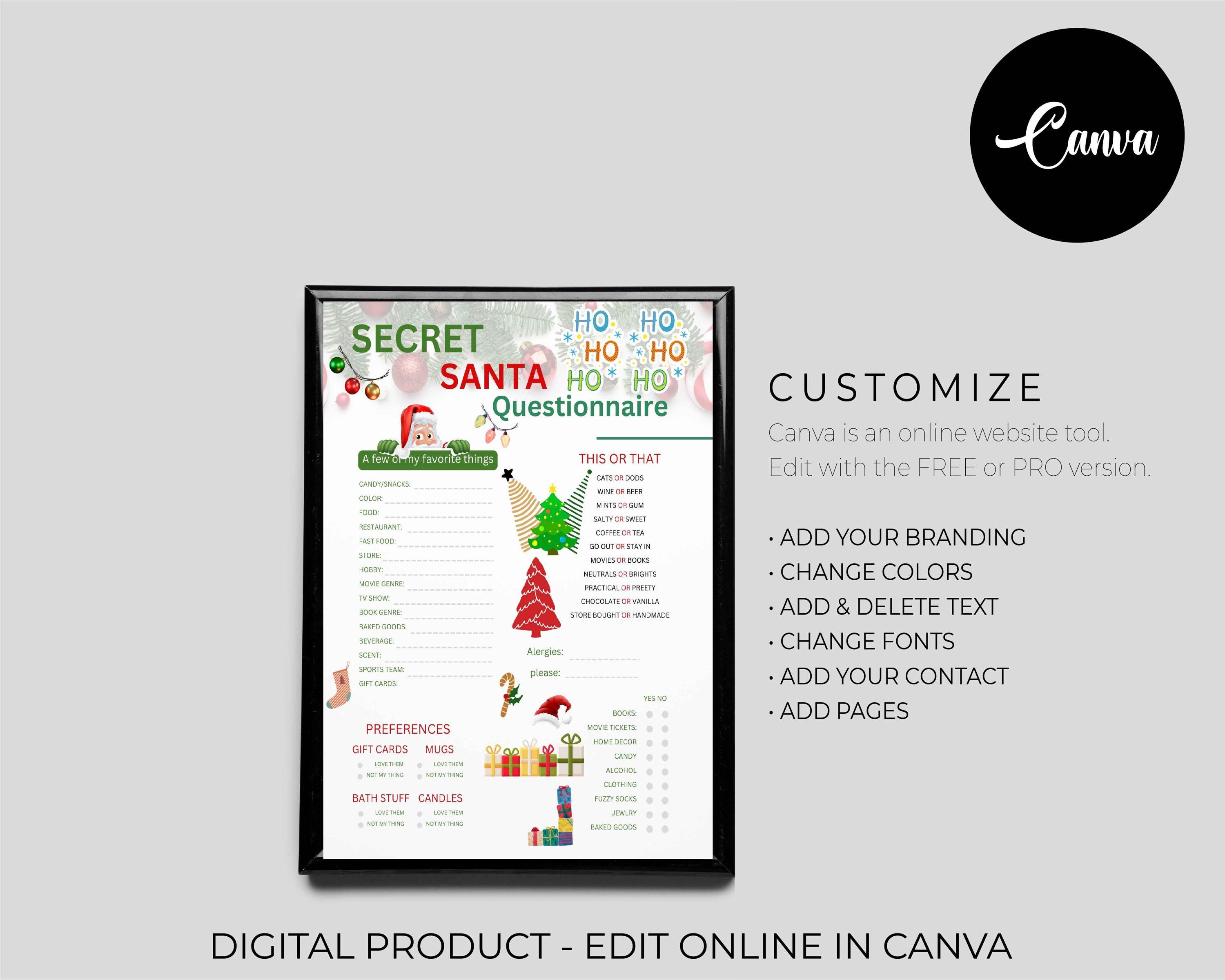 Secret Santa Questionnaire Editable, Canva Santa Questionnaires ...