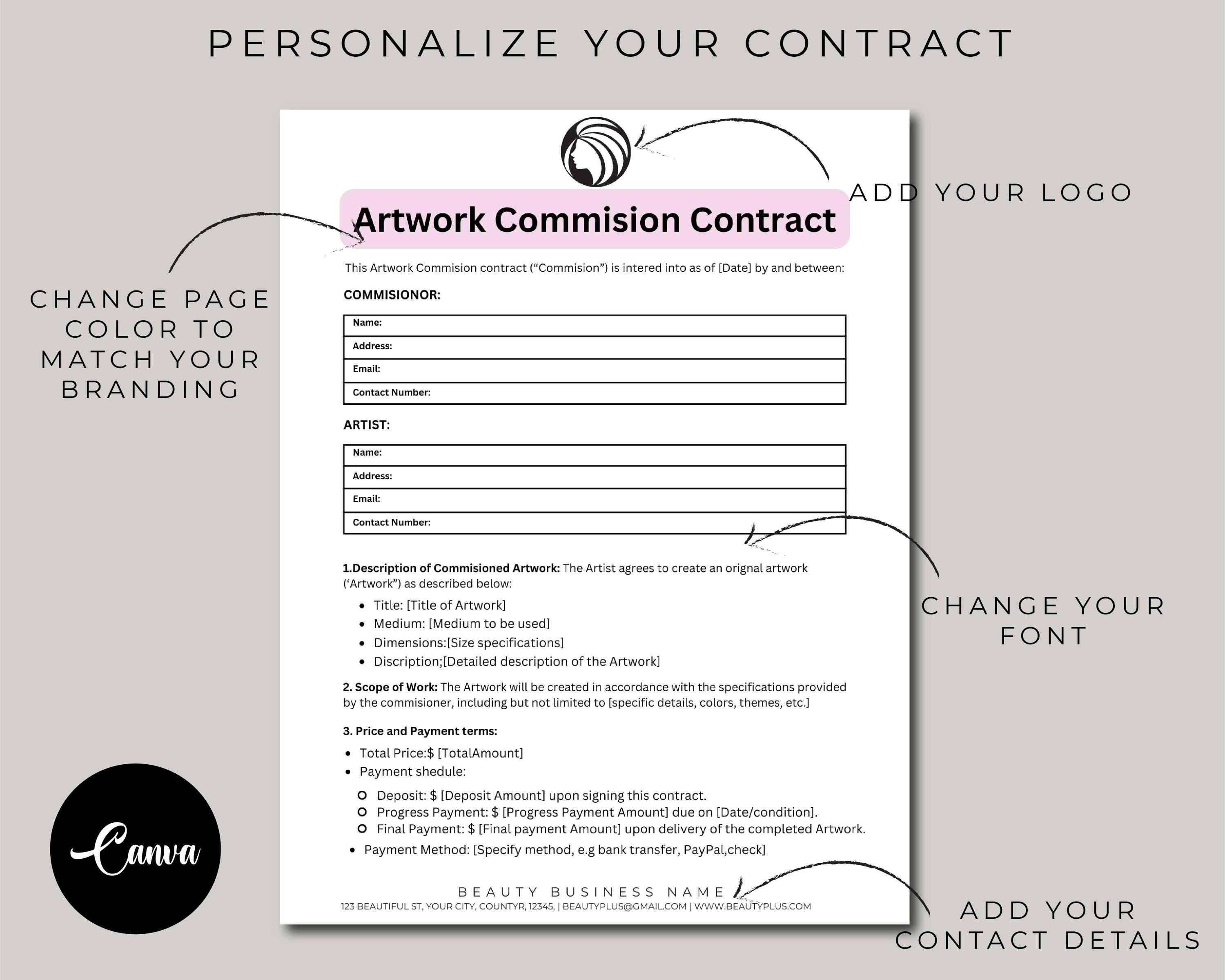 Artist Commission Contract, Customizable and Printable Agreement for ...