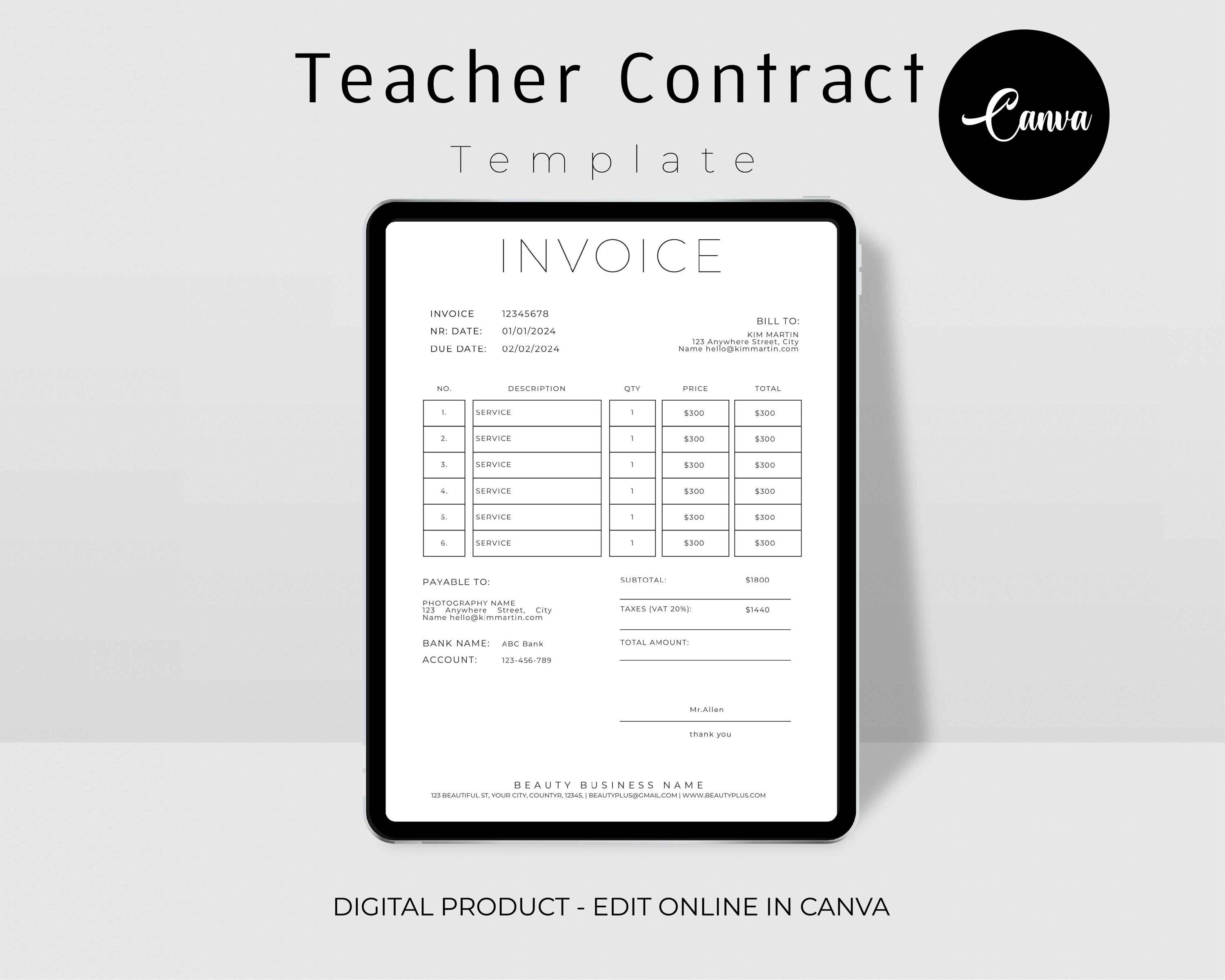 Comprehensive Teacher Contract, Instructor Agreement Template, Teacher ...