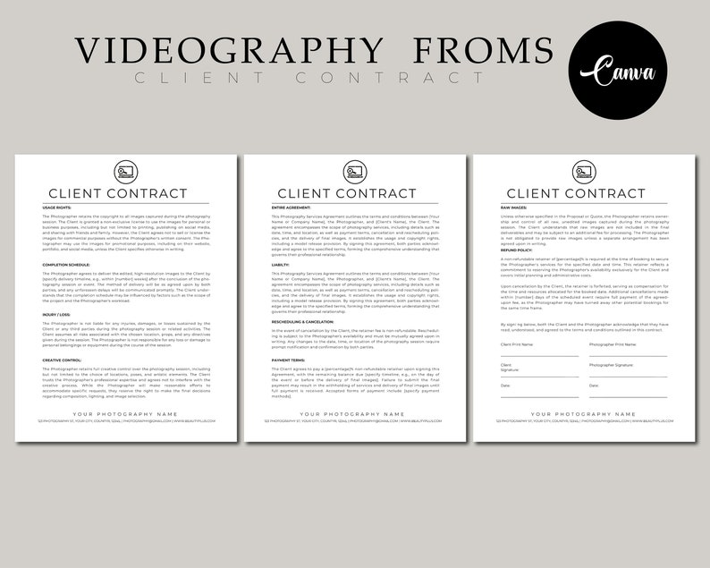 Videography Contract Template, Photography Forms, Contract Template, Canva Template, Contract ...