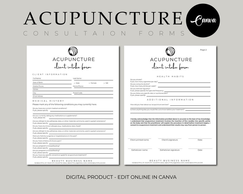 Editable Acupuncture Consultation & Consent Forms, Client Intake, Acupuncture Right to Refusal ...