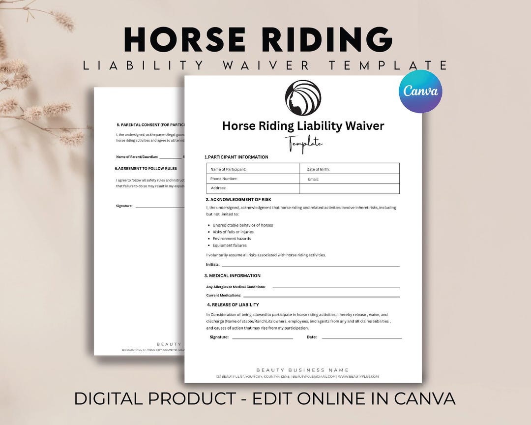 Horse Riding Liability Waiver Template, Editable Equine Waiver Form ...