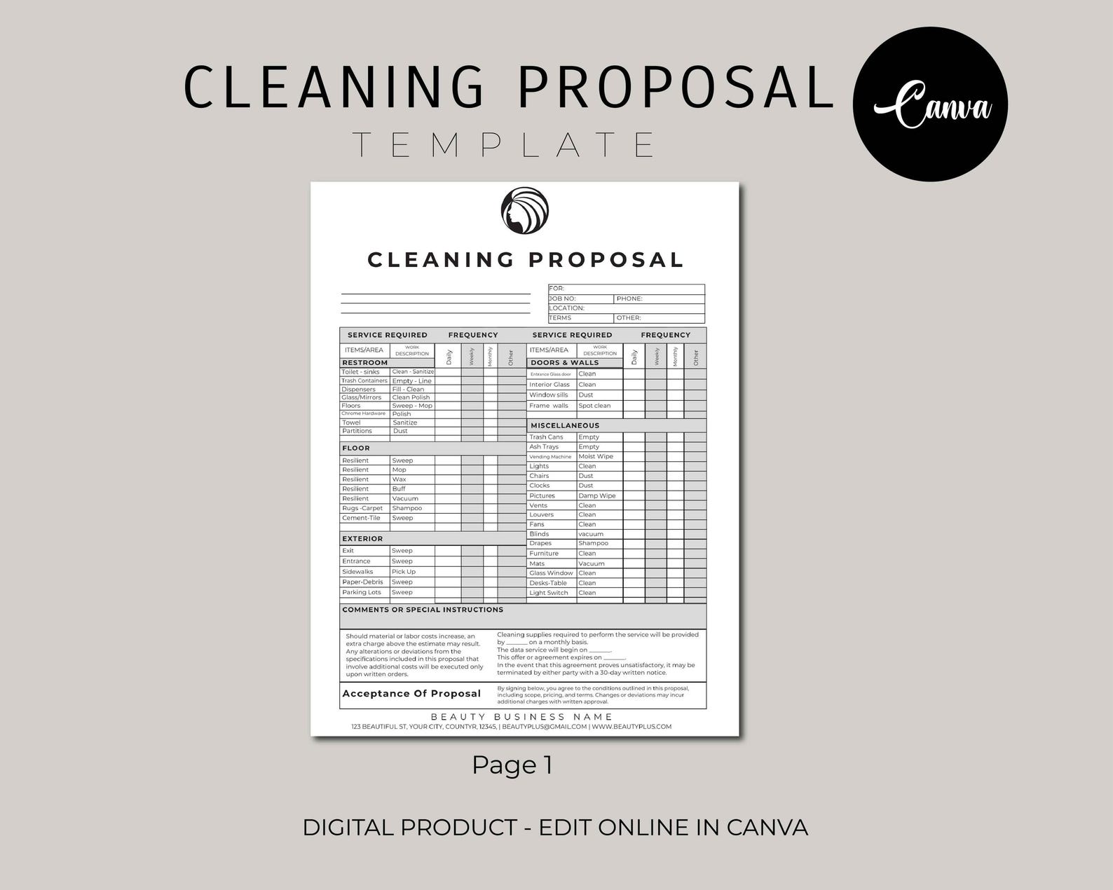 Cleaning Proposal Template, Editable Cleaning Service Proposal, Estimate Template, Cleaning ...