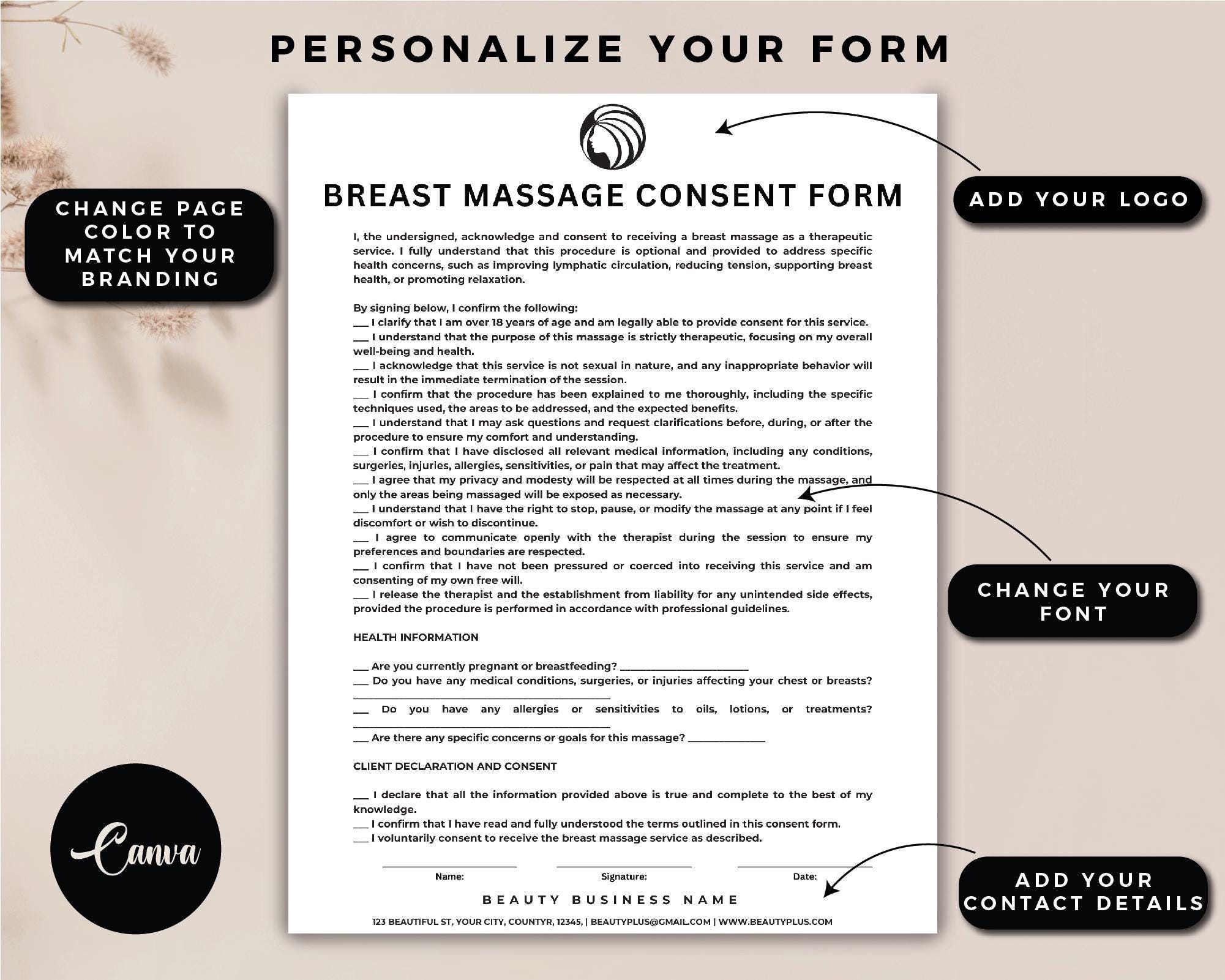 Breast Massage Consent Forms, Chest Massage Form, Therapist Business ...