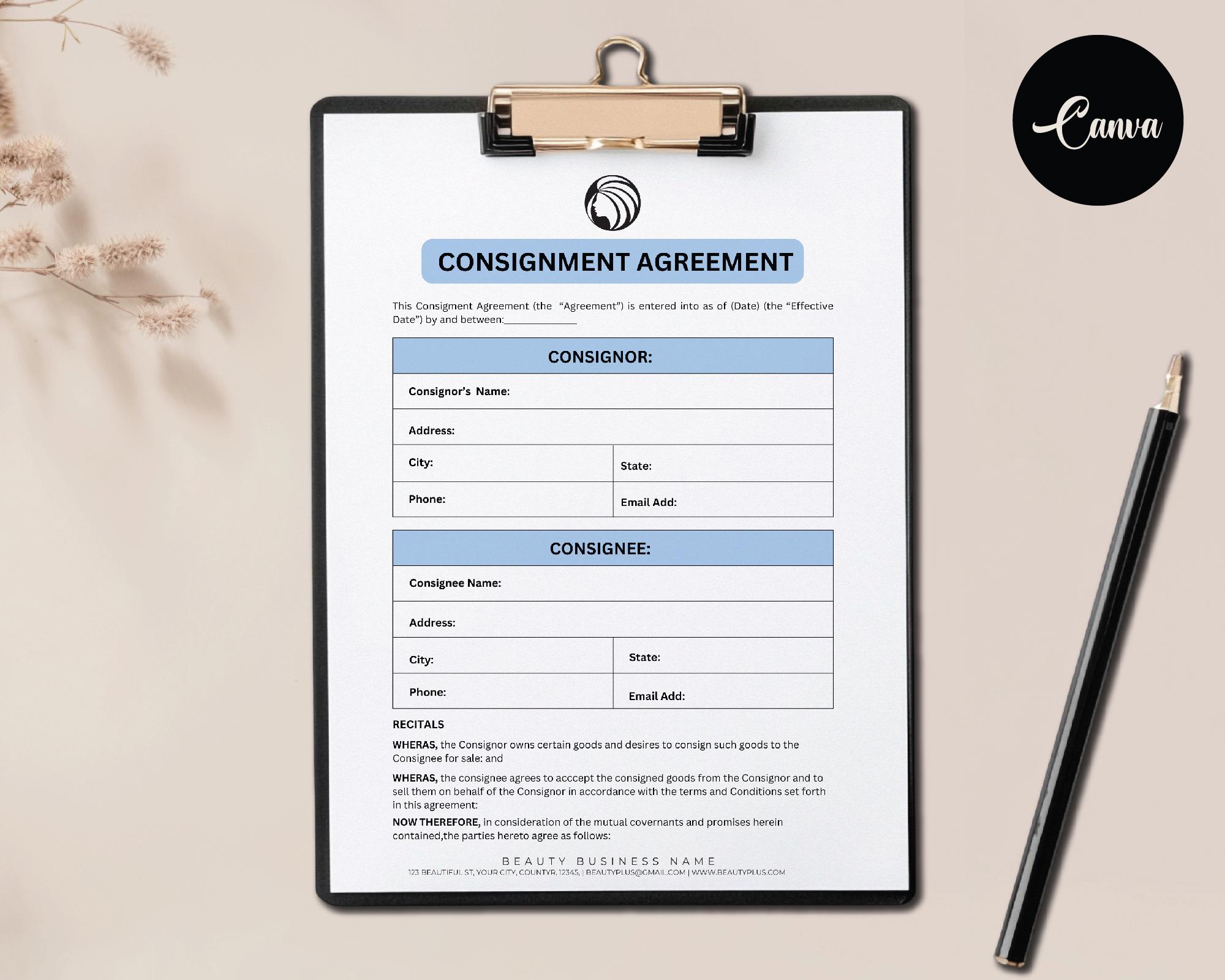 Editable Consignment Agreement, Consignment Store Forms, Product ...