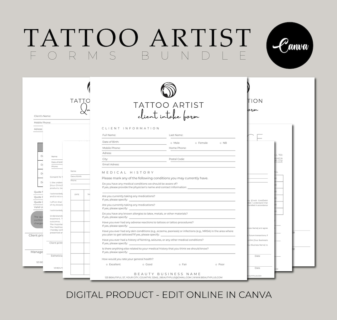 Tattoo Artist Forms Bundle - Editable!, Tattoo Consent Form, Tattoo ...