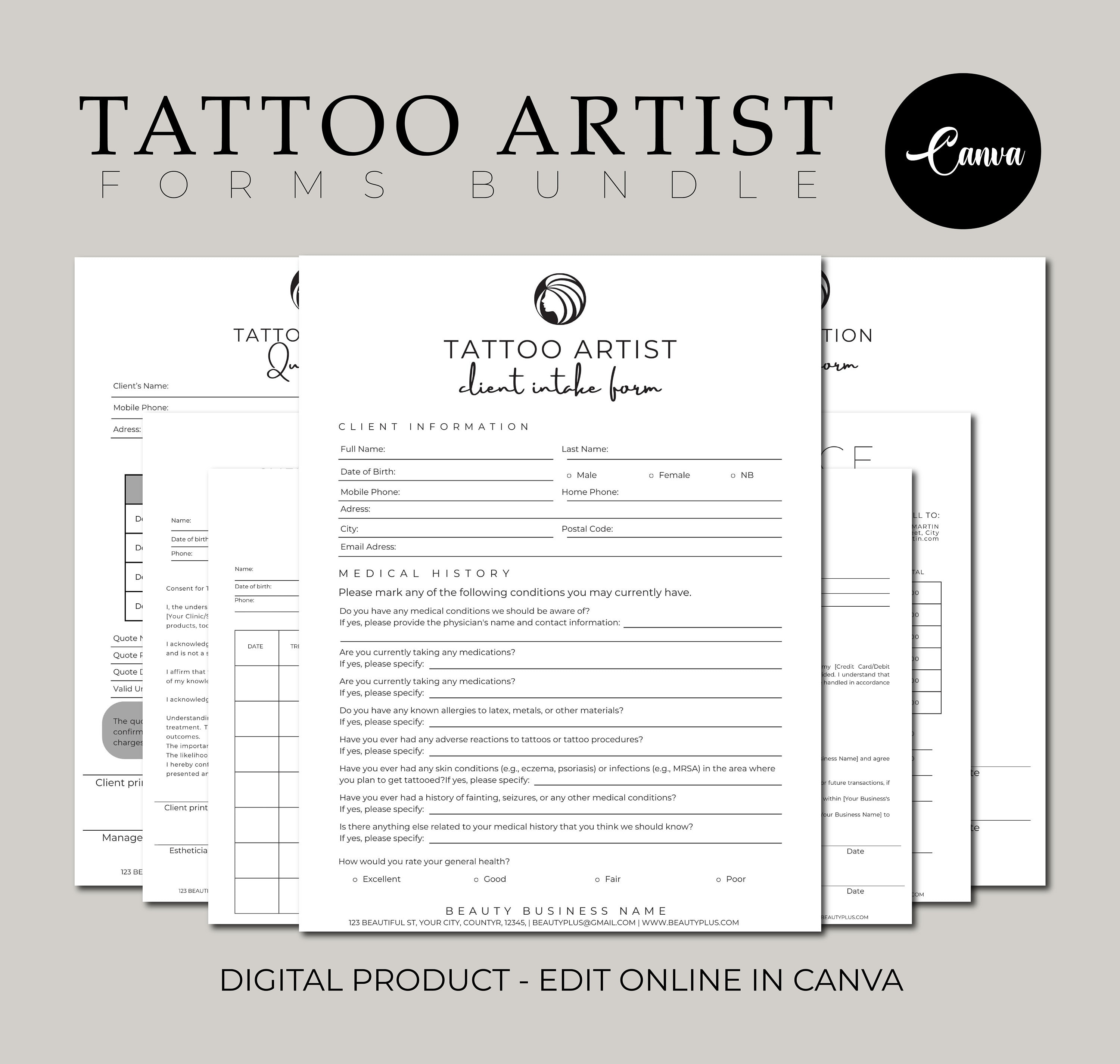 Tattoo Artist Forms Bundle - Editable!, Tattoo Consent Form, Tattoo ...