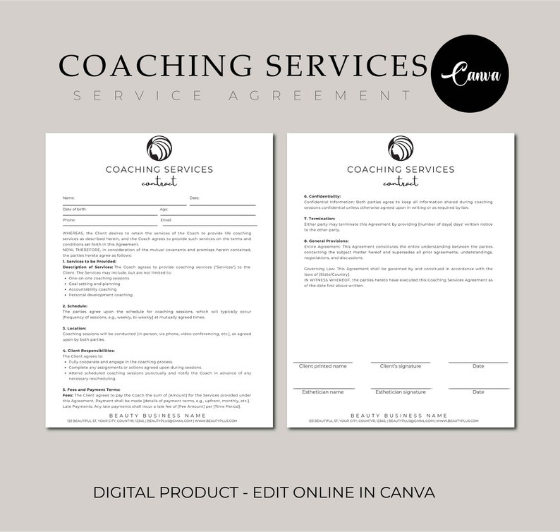 Coaching Services Contract Template, Editable Forms for Coaching ...
